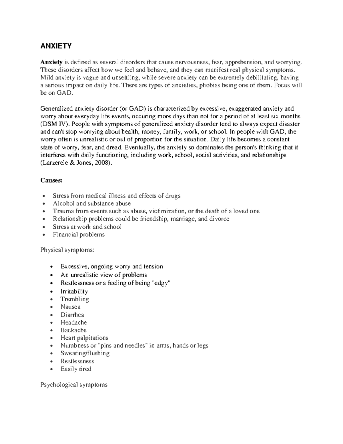 Anxiety - Notes - ANXIETY Anxiety is defined as several disorders that ...