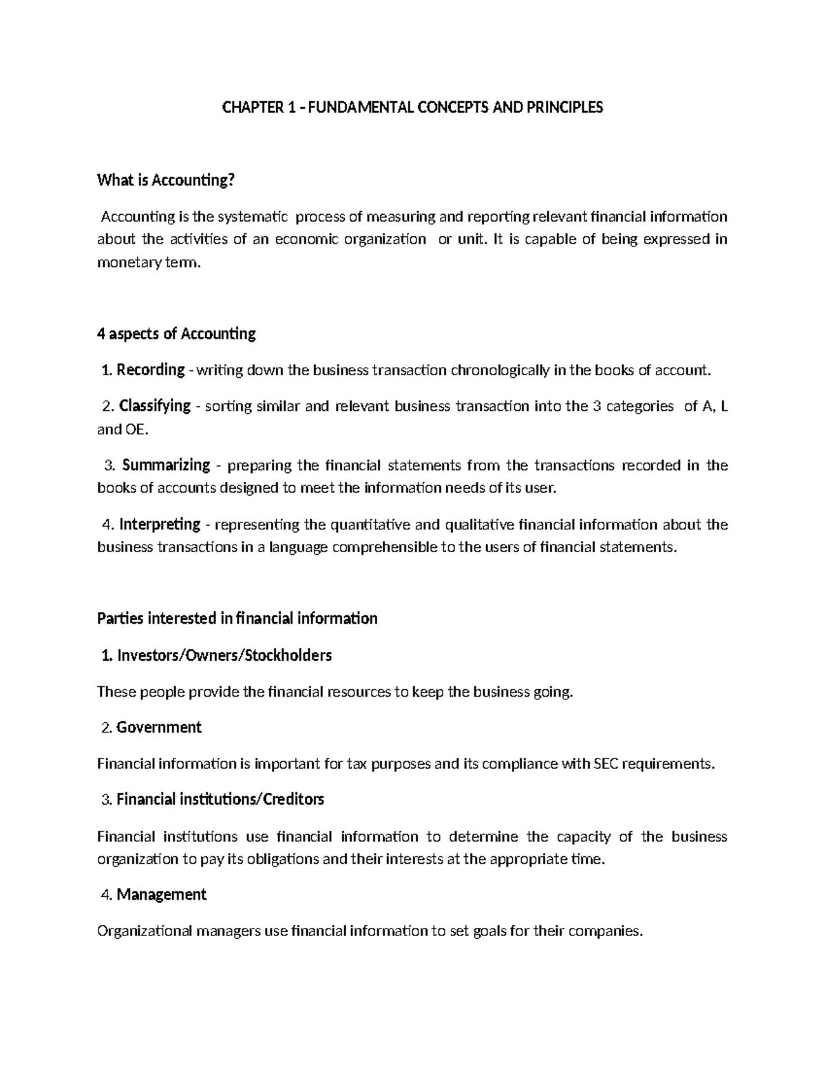 Accounting Chapter I fundamentals and principles - CHAPTER 1 ...