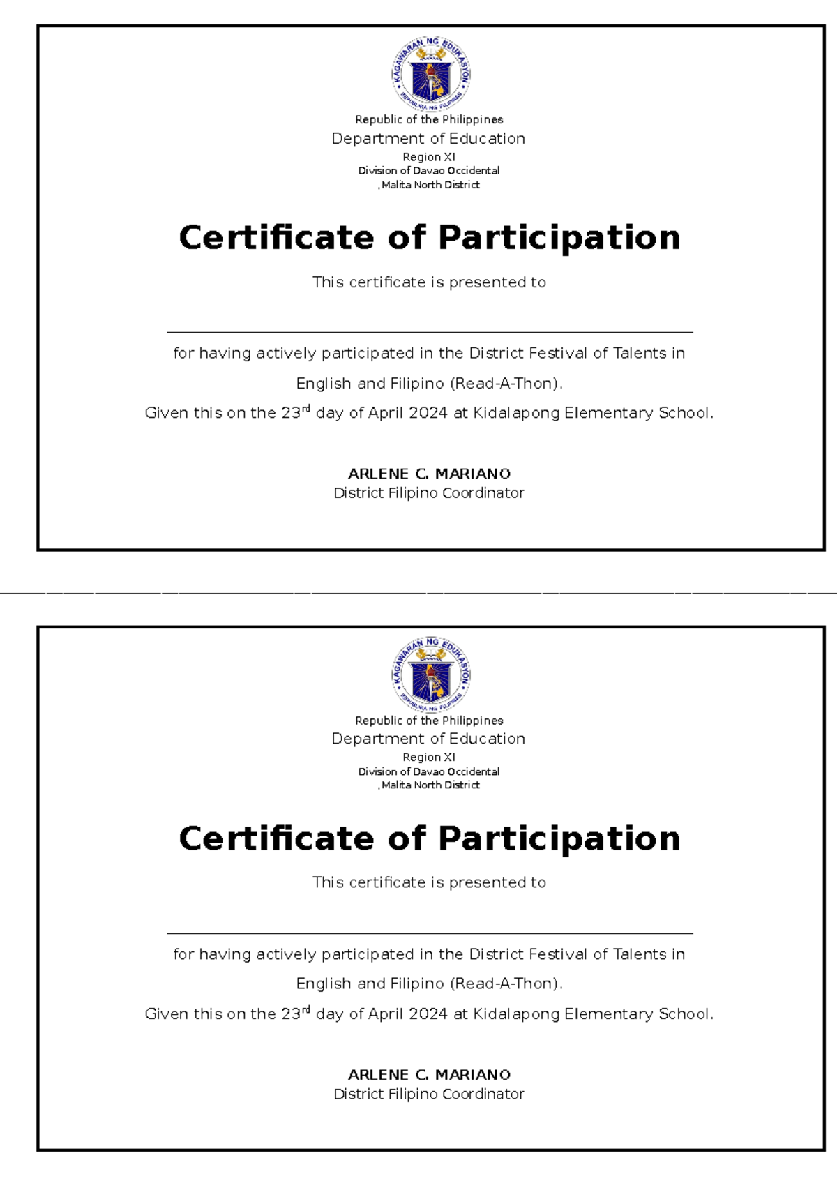 Certificate of Participation Template - ARLENE C. MARIANO District ...