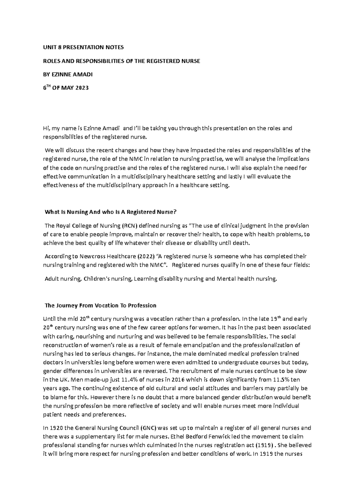 Unit 8 presentation notes - UNIT 8 PRESENTATION NOTES ROLES AND ...