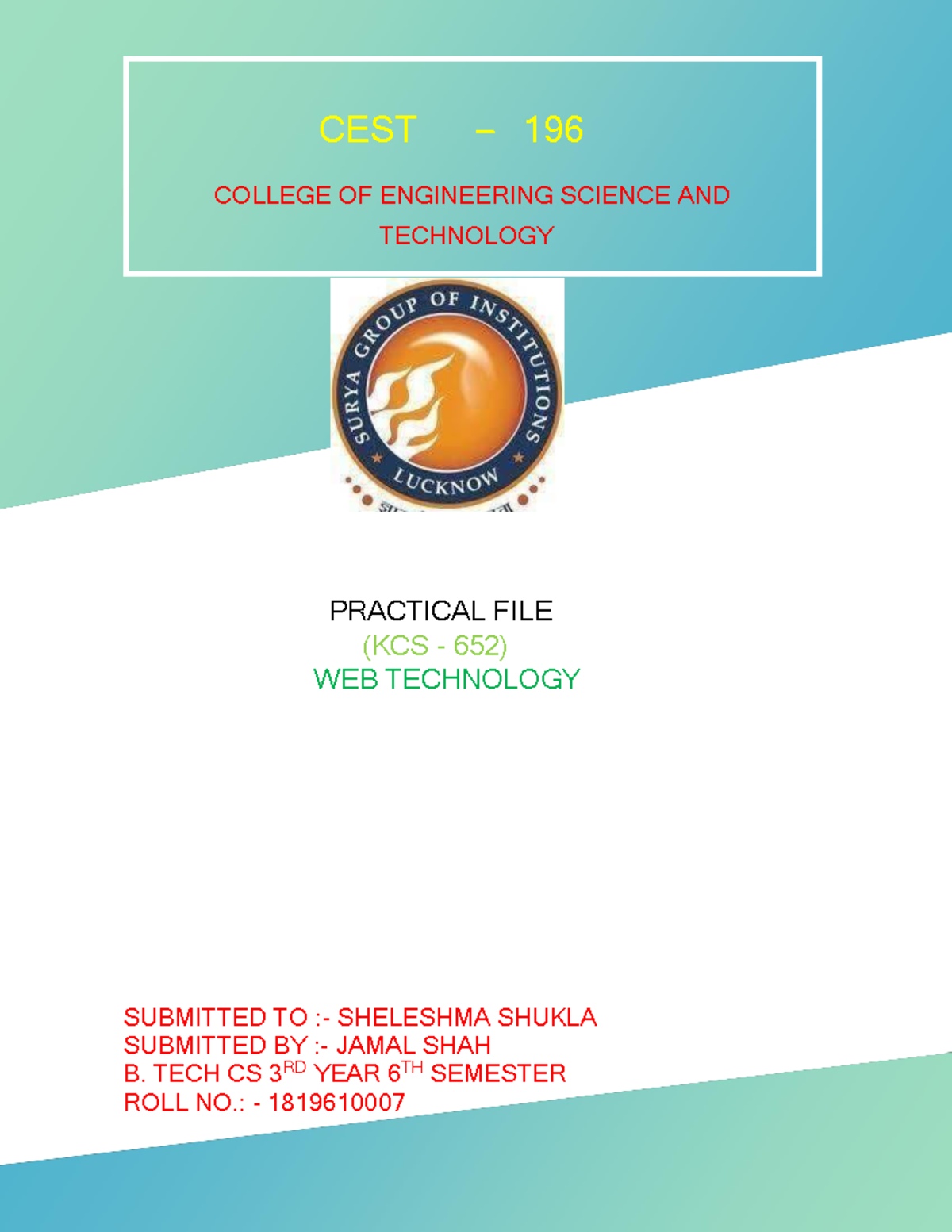 Jamal SHAH WEB Technolgy - PRACTICAL FILE (KCS - 652) WEB TECHNOLOGY ...