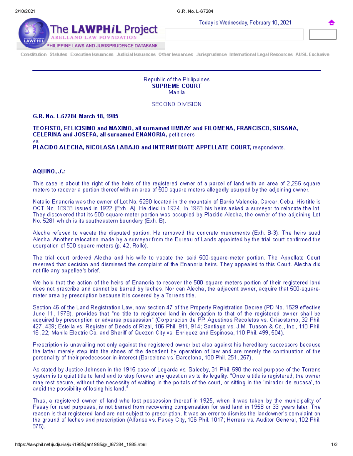 3. Umbay v. Alecha, 135 SCRA 427 - 2/10/2021 G. No. L- - Studocu