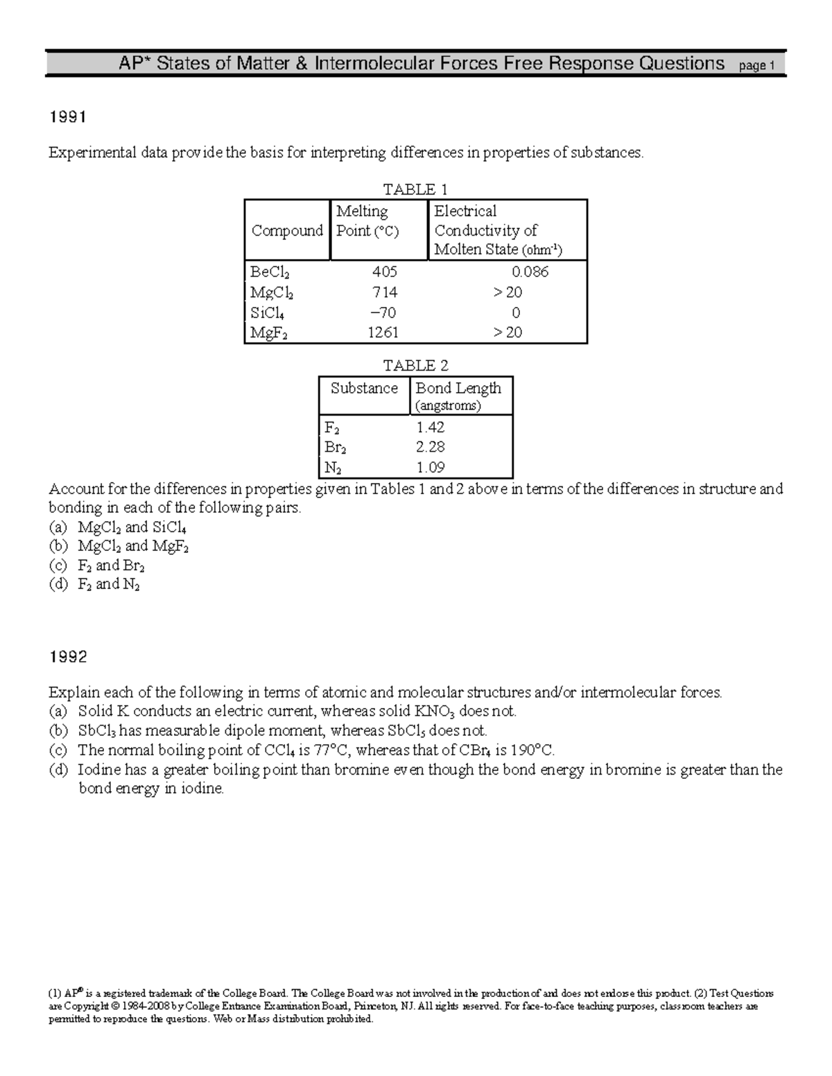 IMFs FR worksheet - AP* States of Matter & Intermolecular Forces Free ...