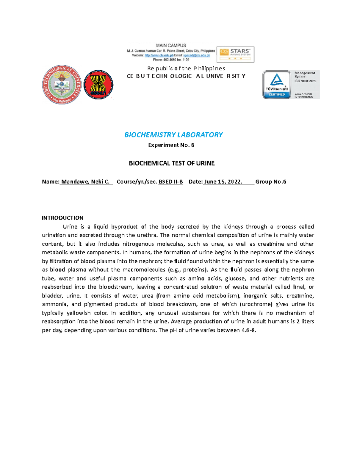 Biochemical TEST OF Urine (group 6) - BIOCHEMISTRY LABORATORY ...