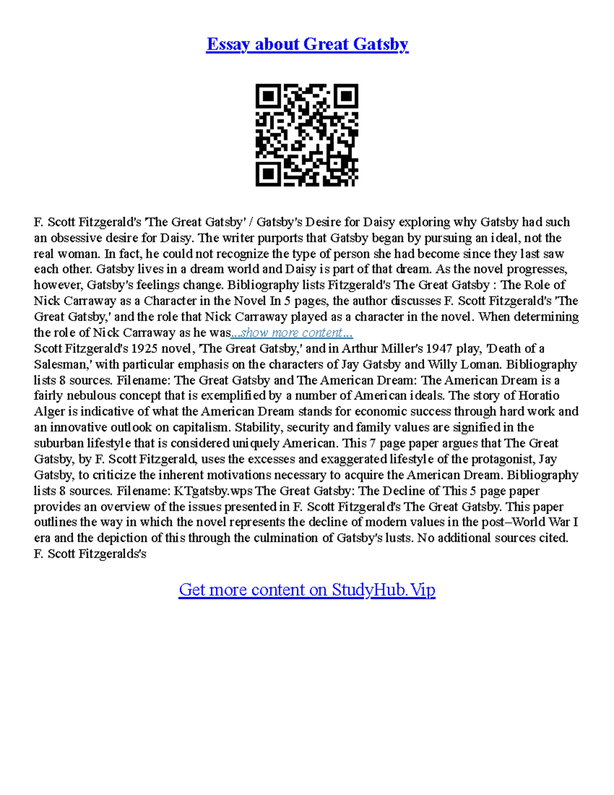 Essay About The Great Gatsby - Essay about Great Gatsby F. Scott ...