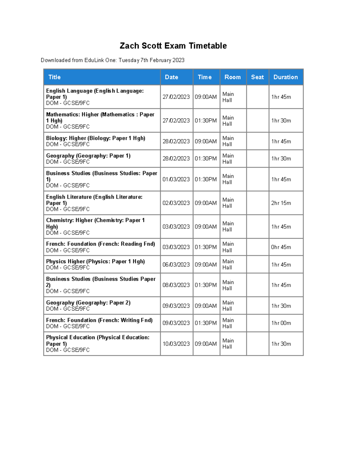 Exam Timetable - sssdfawfggegsrgdg - Zach Scott Exam Timetable ...