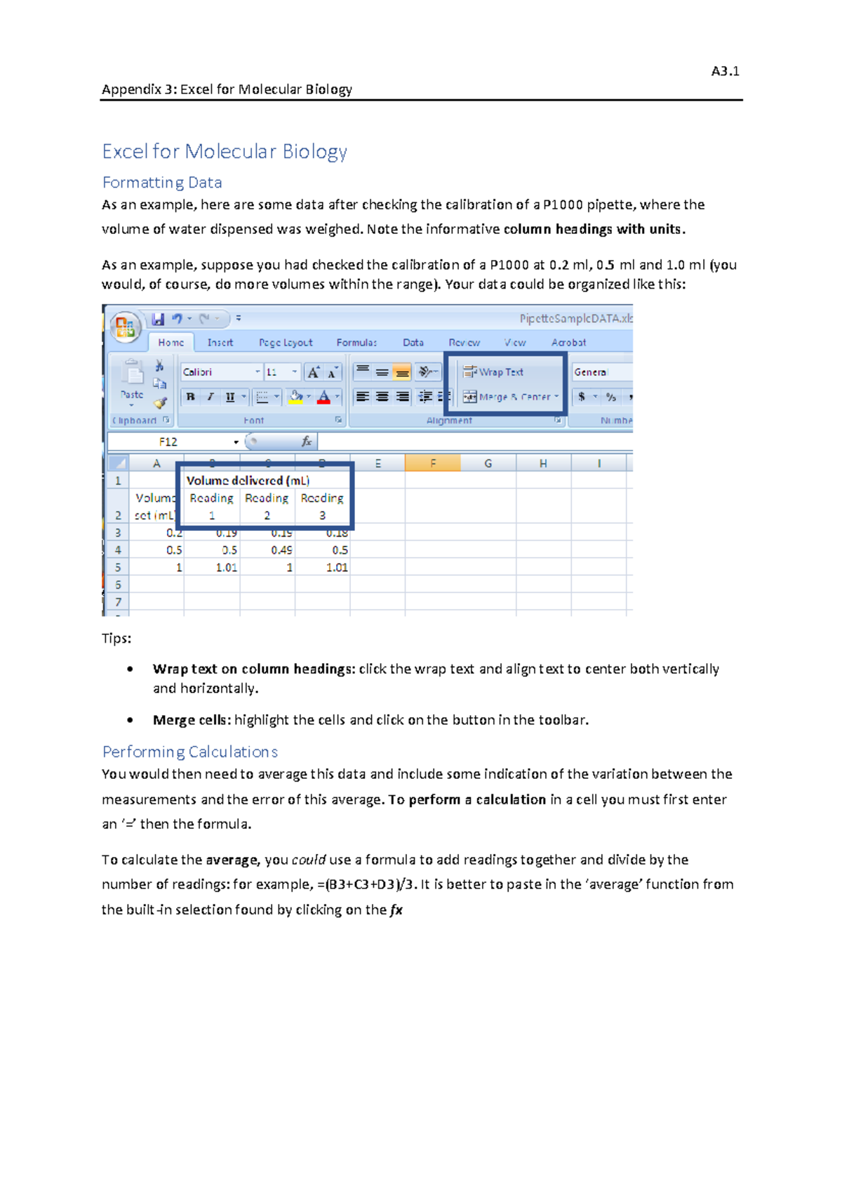 Appendix 3 Excel - Appendix 3: Excel for Molecular Biology Excel for ...