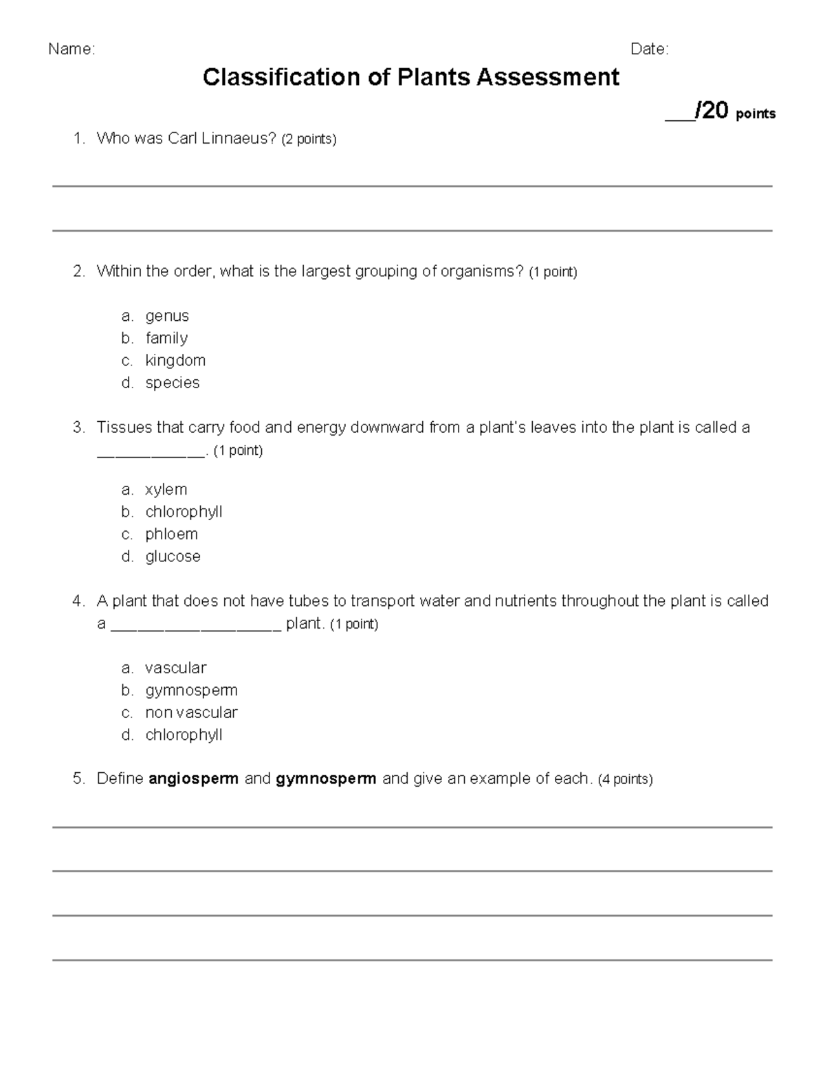 5th Grade Plant Classification Science Quiz-1 - Name: Date ...