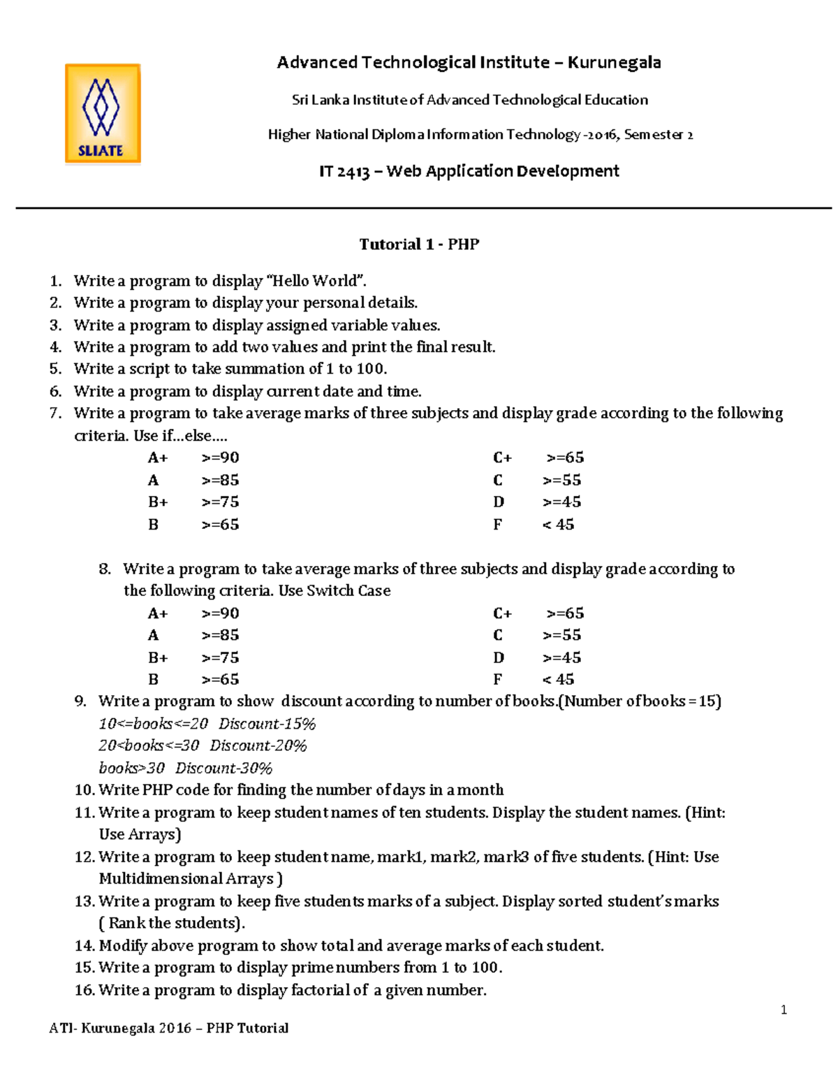 Hndit 2413 PHP Tutorial - 1 Advanced Technological Institute ...