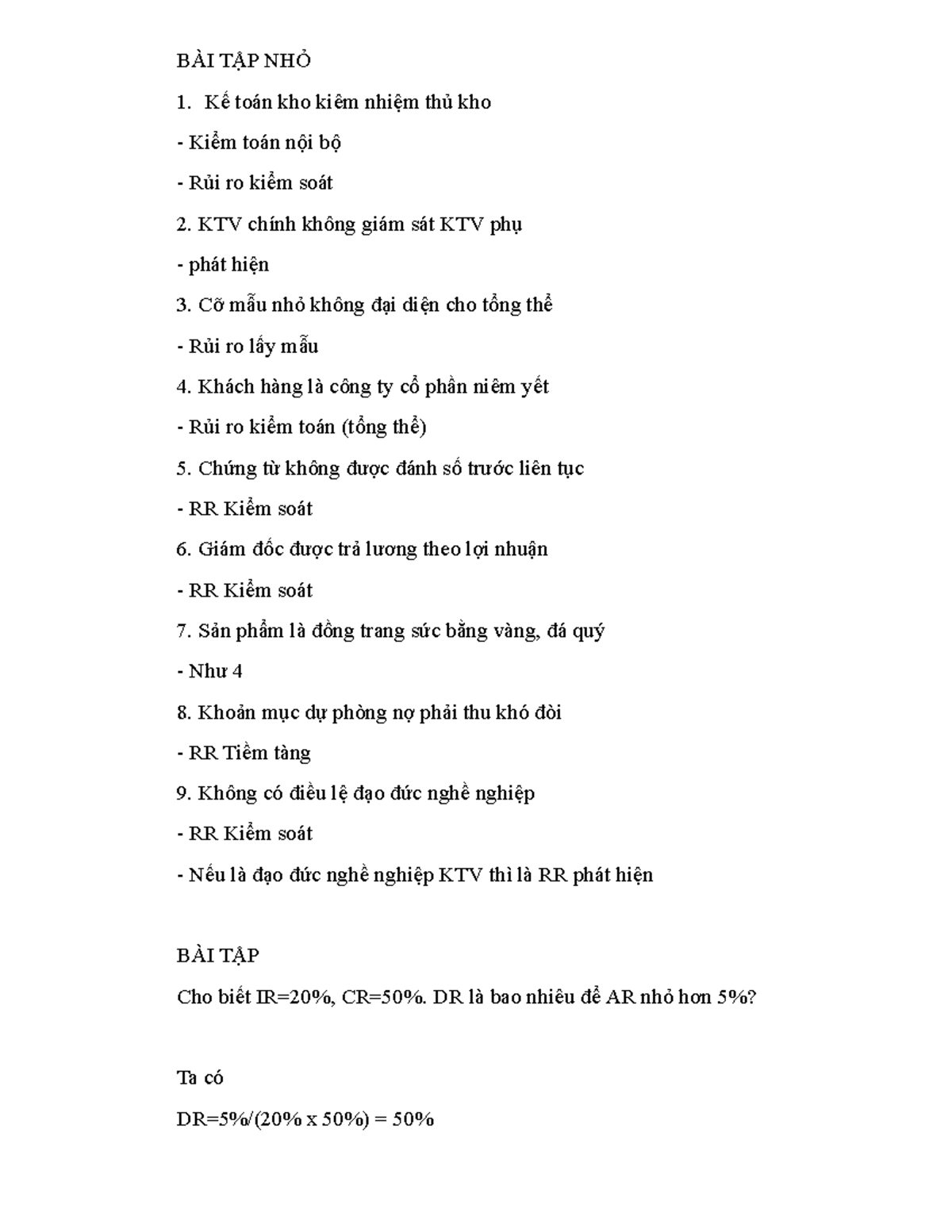 BÀI TẬP NHỎ CH02 - bt lý thuyết kiểm toán - BÀI TẬP NHỎ Kế toán kho kiêm nhiệm thủ kho Kiểm toán ...