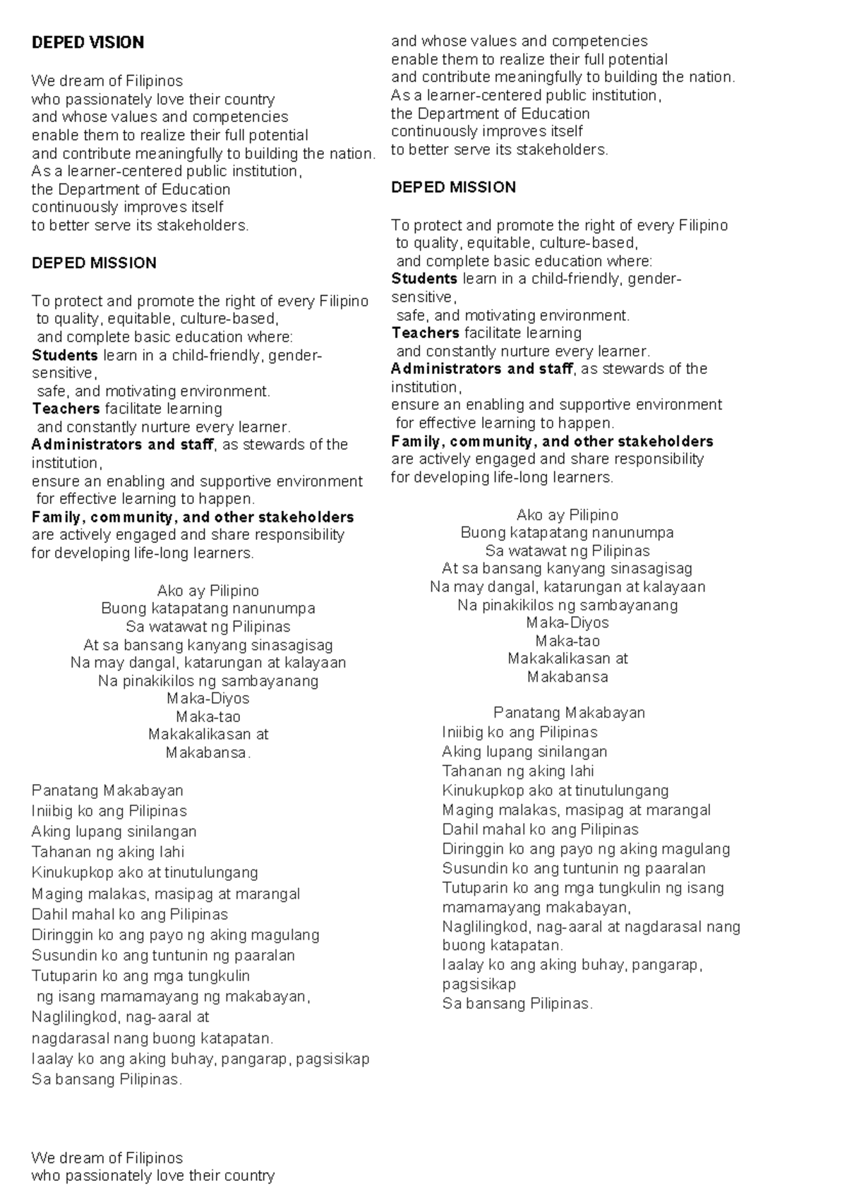 Deped Vision - DEPED VISION We dream of Filipinos who passionately love ...