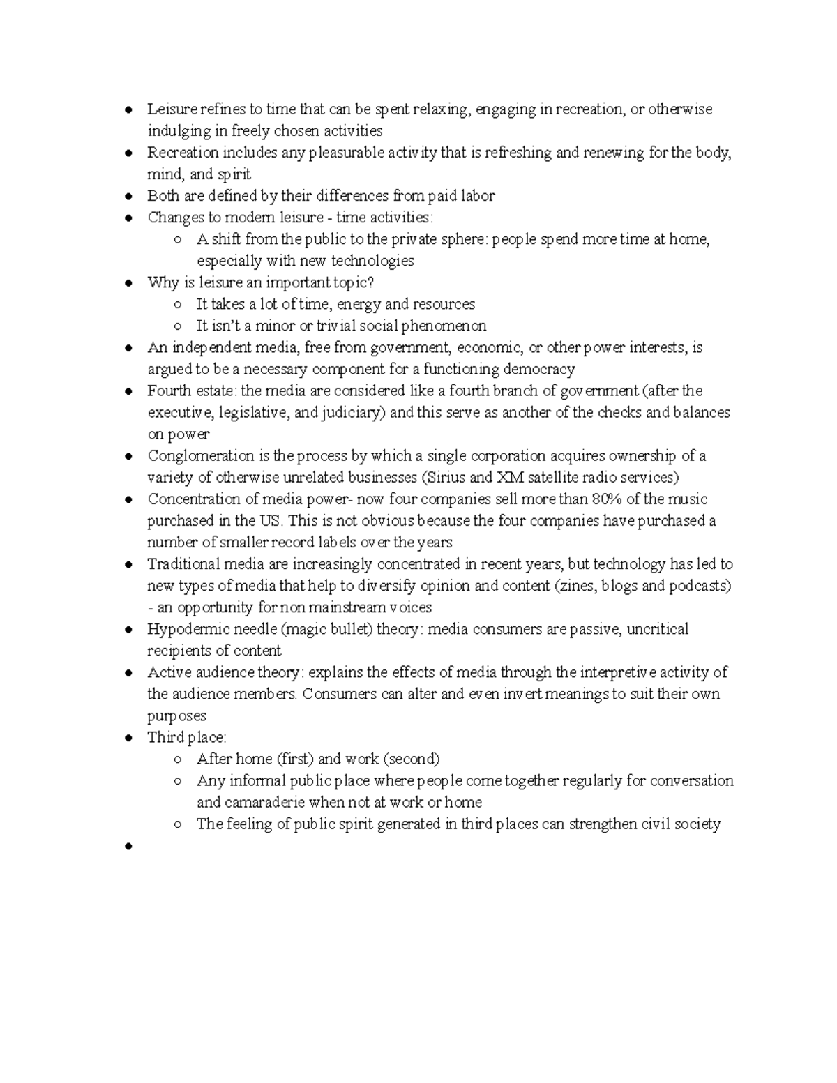 Ch 13 - notes - Leisure refines to time that can be spent relaxing ...