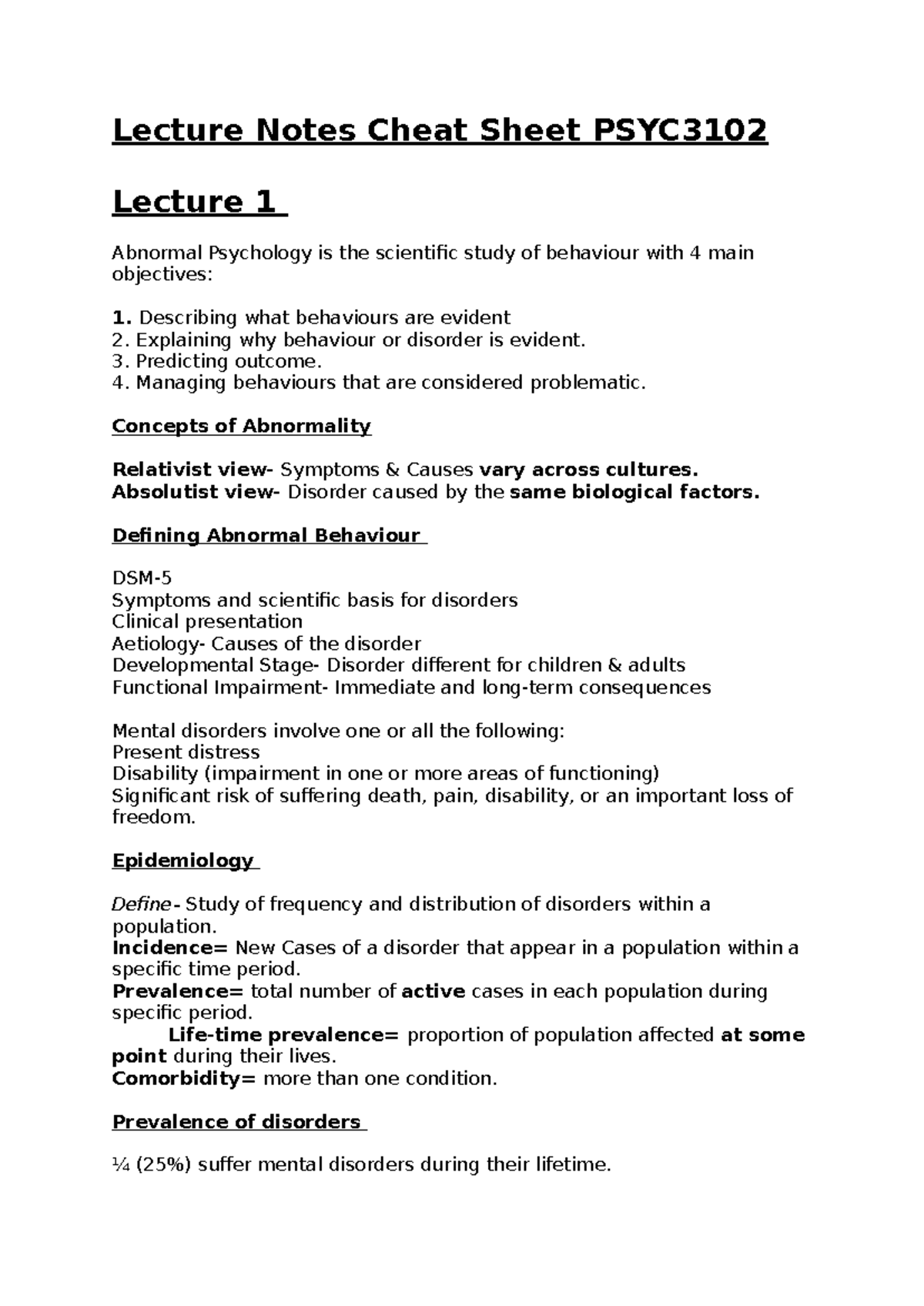 Lecture Notes For Final Examination Lecture Notes Cheat Sheet Psyc Lecture 1 Abnormal