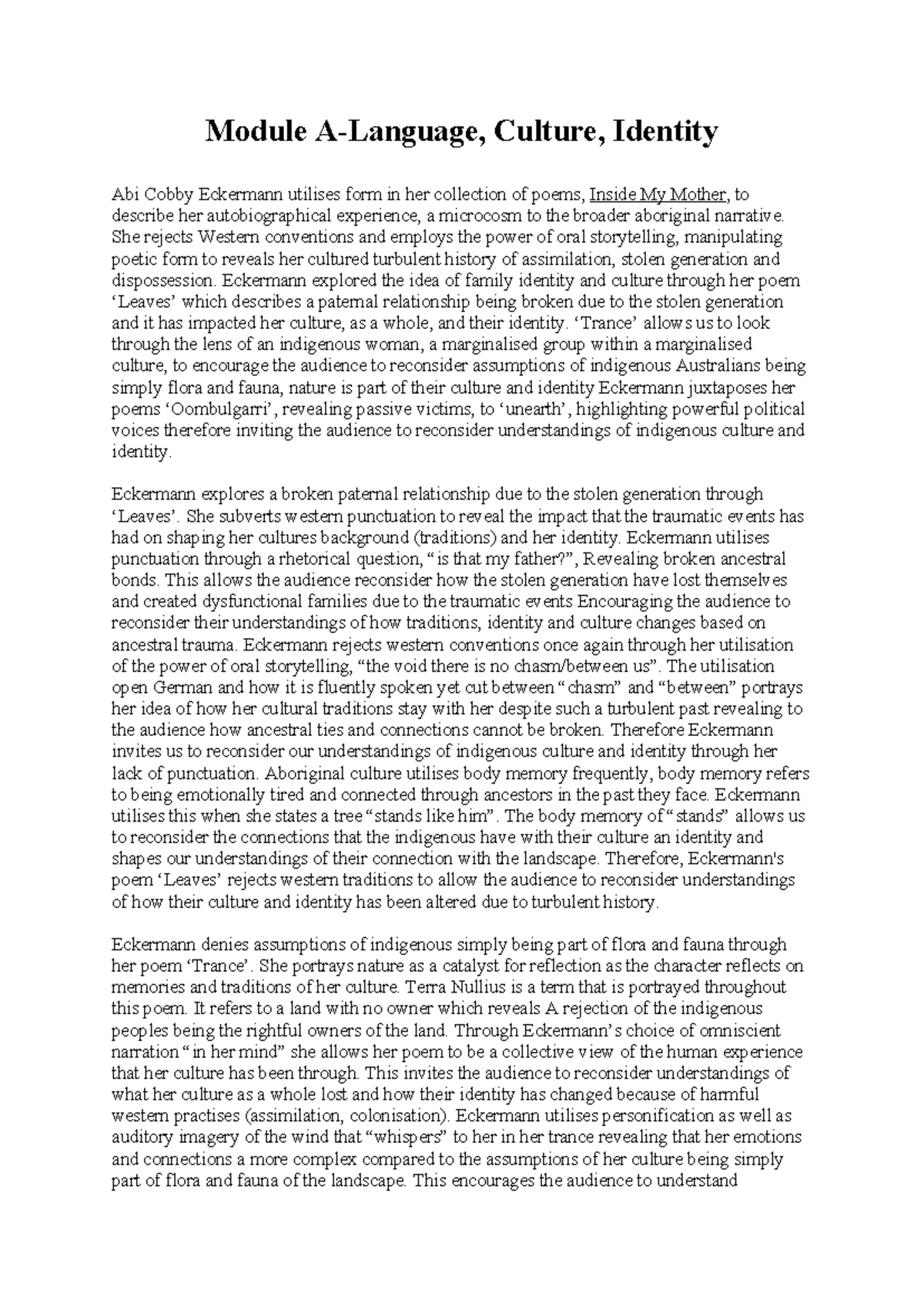 Module A- Abi Cobby Eckermann - Module A-Language, Culture, Identity ...