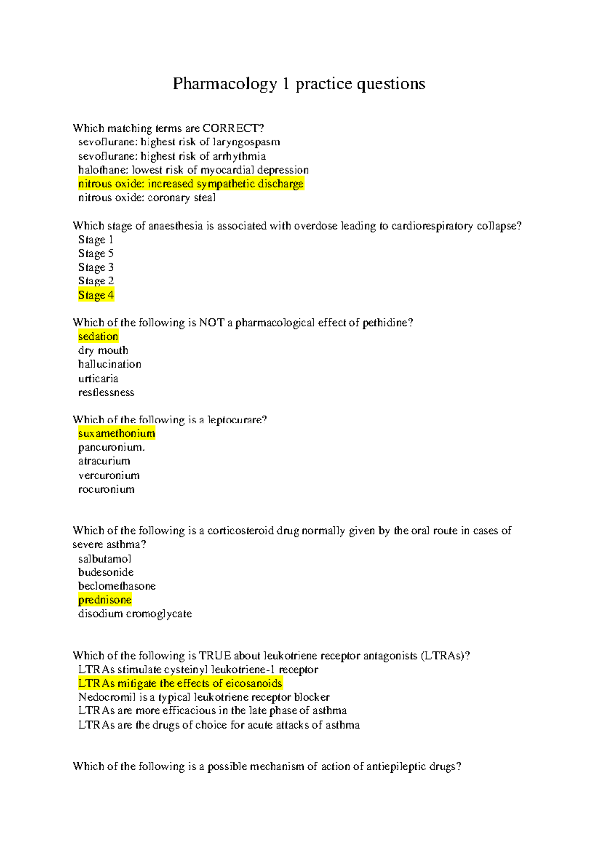 Pharmacology 1 practice questions - Pharmacology 1 practice questions ...