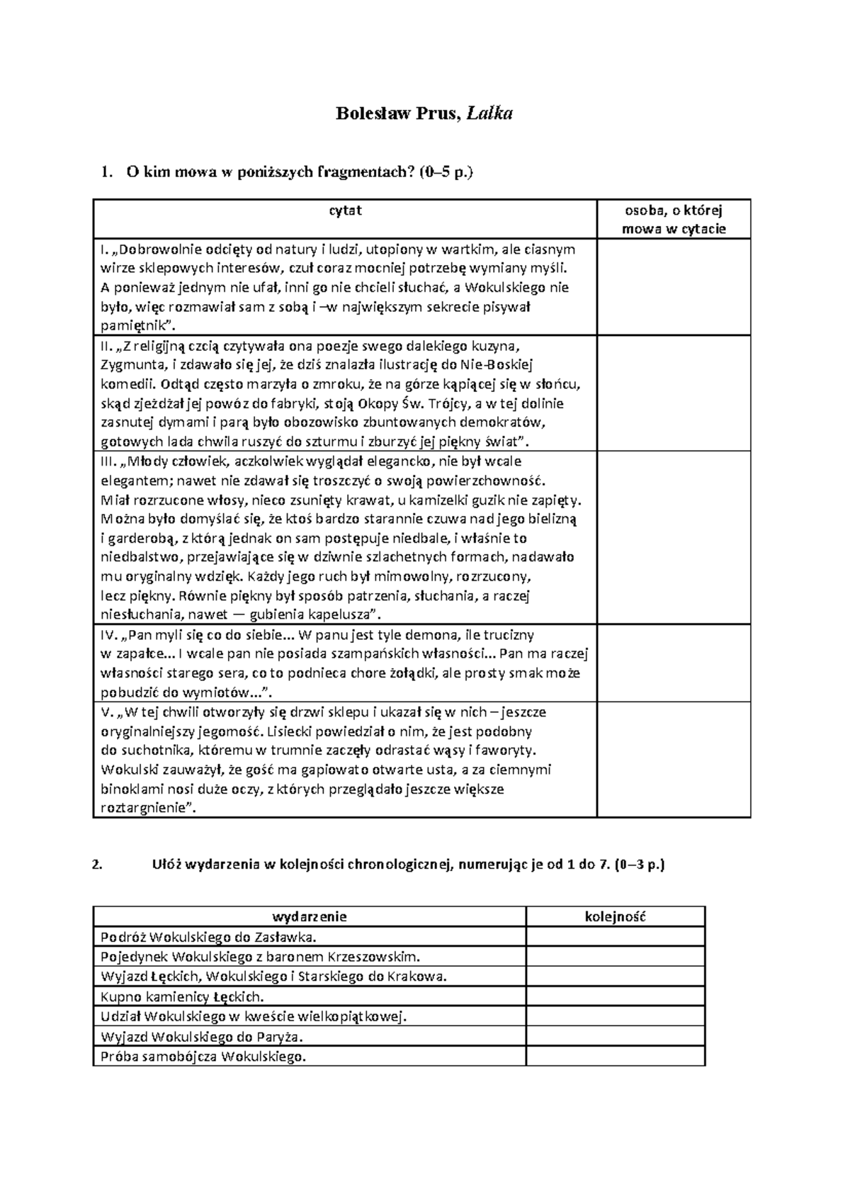 Lalka sprawdzian z lektury - Bolesław Prus, Lalka 1. O kim mowa w ...