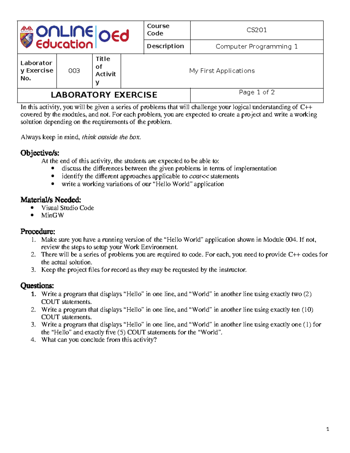 Week004 Lab3 Setting Up My Environment Edited - In this activity, you ...