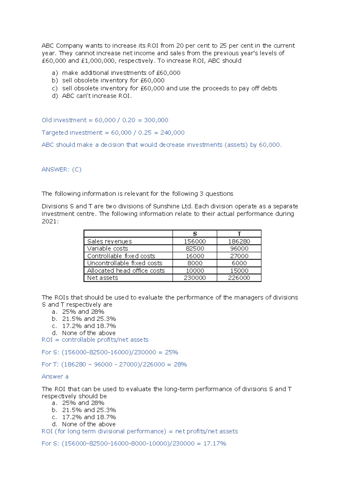 ROI and RI - Answers - Simple notes - ABC Company wants to increase its ...