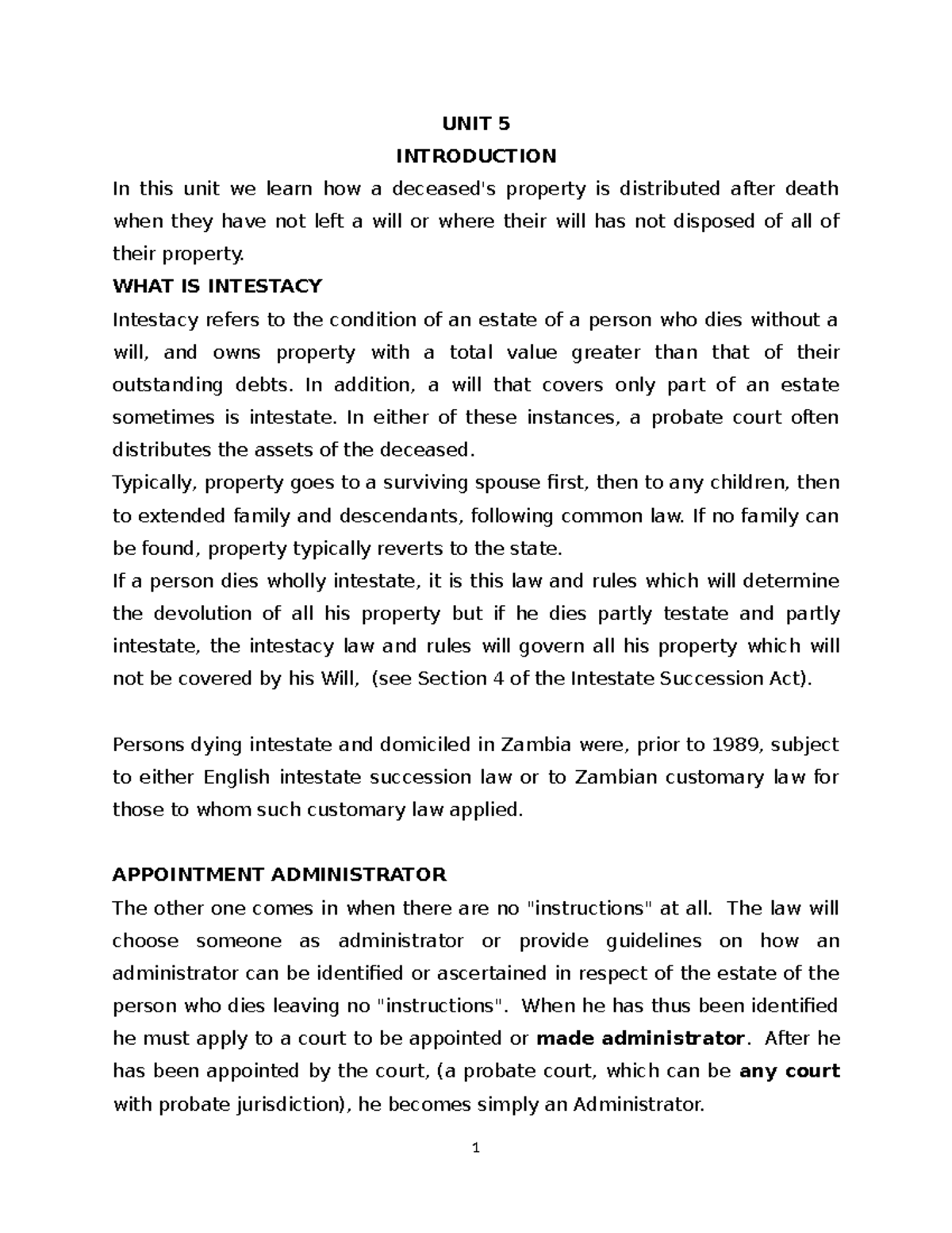 INTESTACY: THE INTESTATE SUCCESSION ACT - UNIT 5 INTRODUCTION In this ...