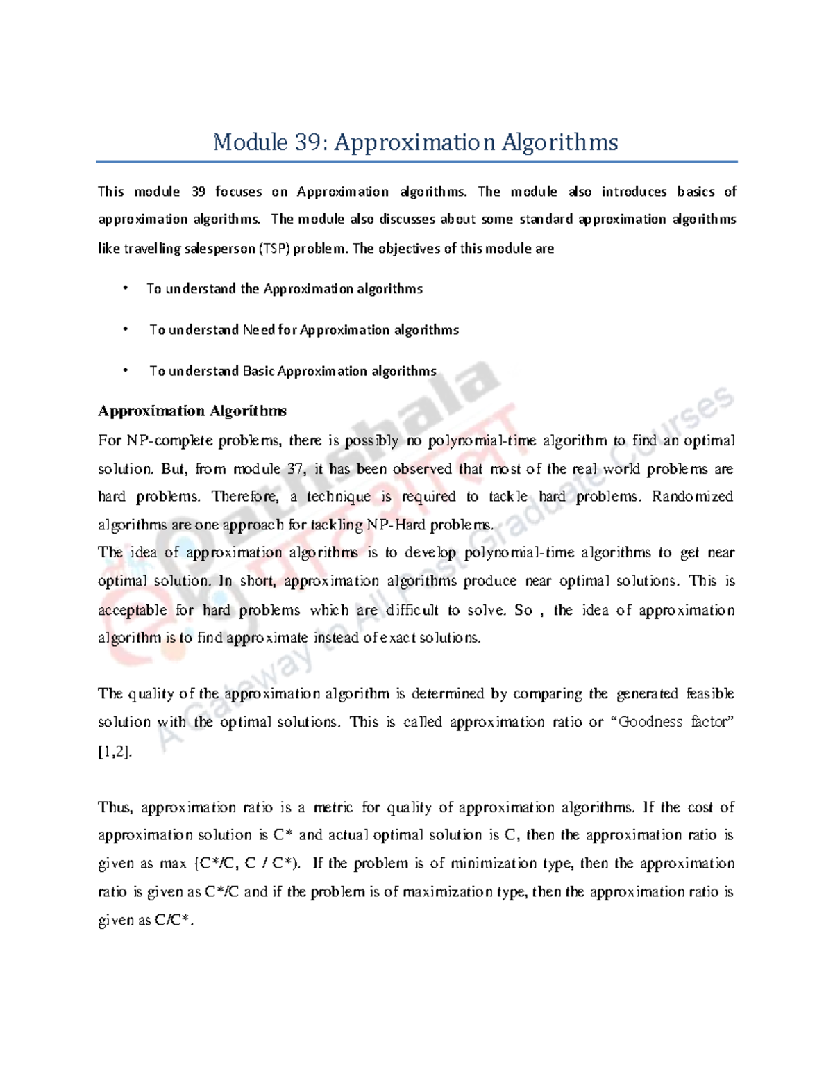 Module Approximation Algorithms Module 39 Approximation Algorithms This Module 39 Focuses On
