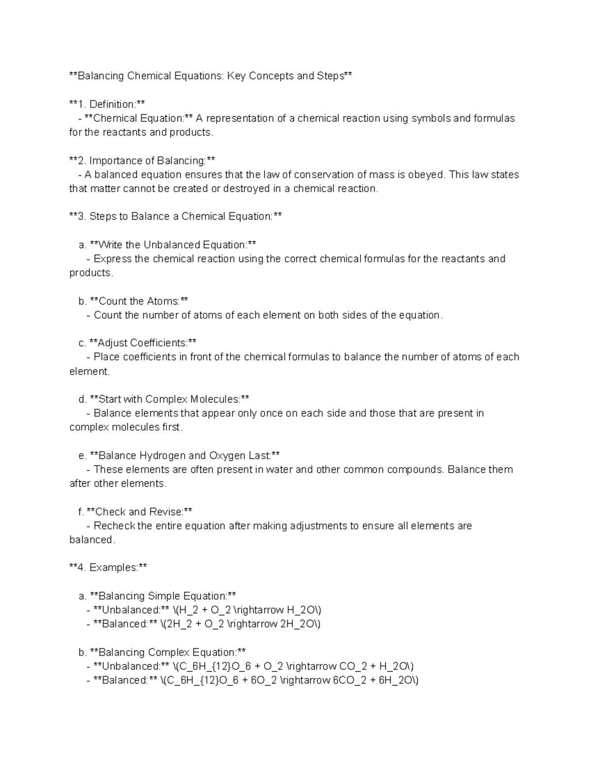 Balancing Equations Notes - Balancing Chemical Equations: Key Concepts ...