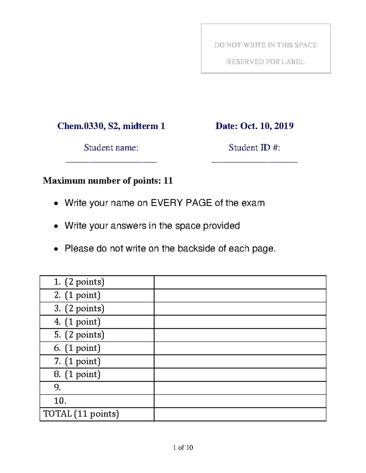 22F practice midterm 1 - Chem, S2, midterm 1 Date: Oct. 10, 2019 ...