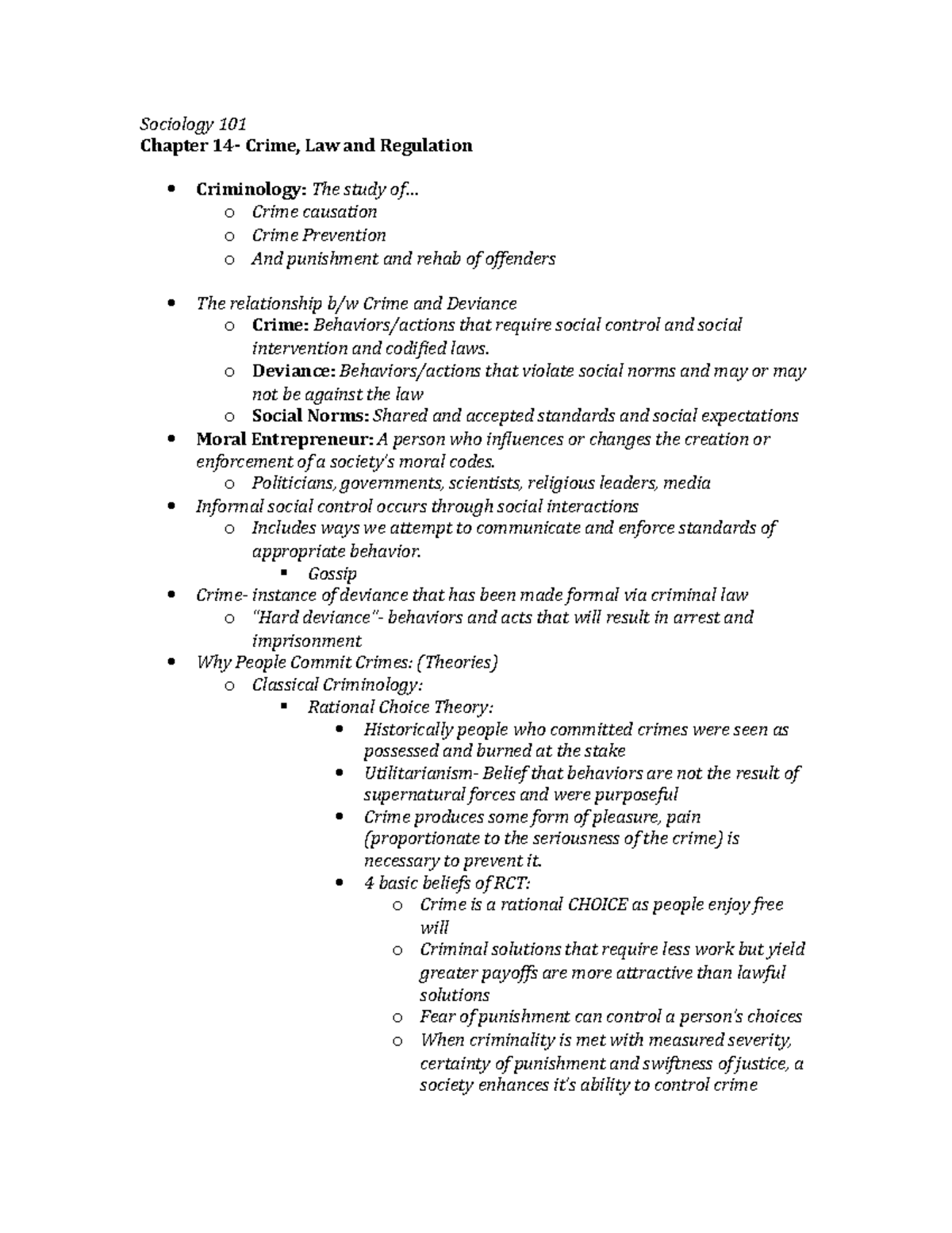 Chapter 14 - Lecture notes 14 - Sociology 101 Chapter 14- Crime, Law ...