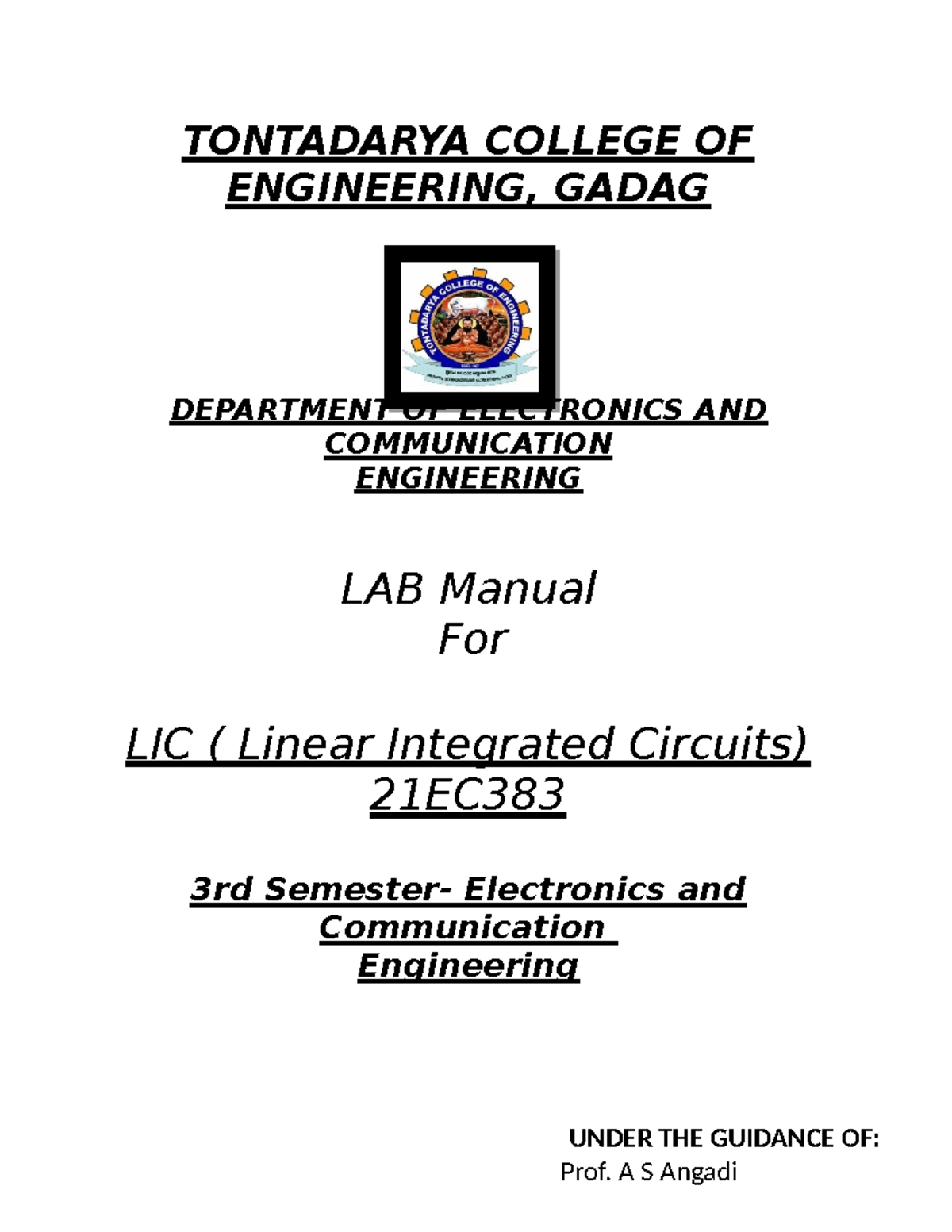 LIC Lab Manual - TONTADARYA COLLEGE OF ENGINEERING, GADAG DEPARTMENT OF ELECTRONICS AND - Studocu