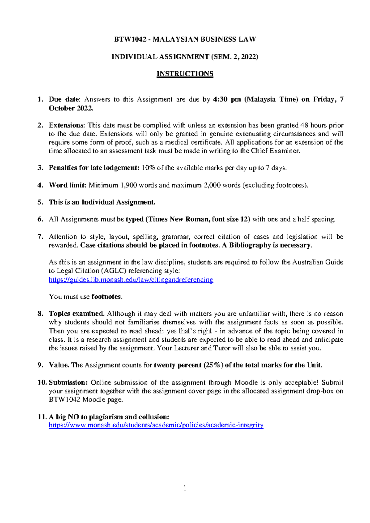 Assignment Question BTW1042 - 1 BTW 1042 - MALAYSIAN BUSINESS LAW ...