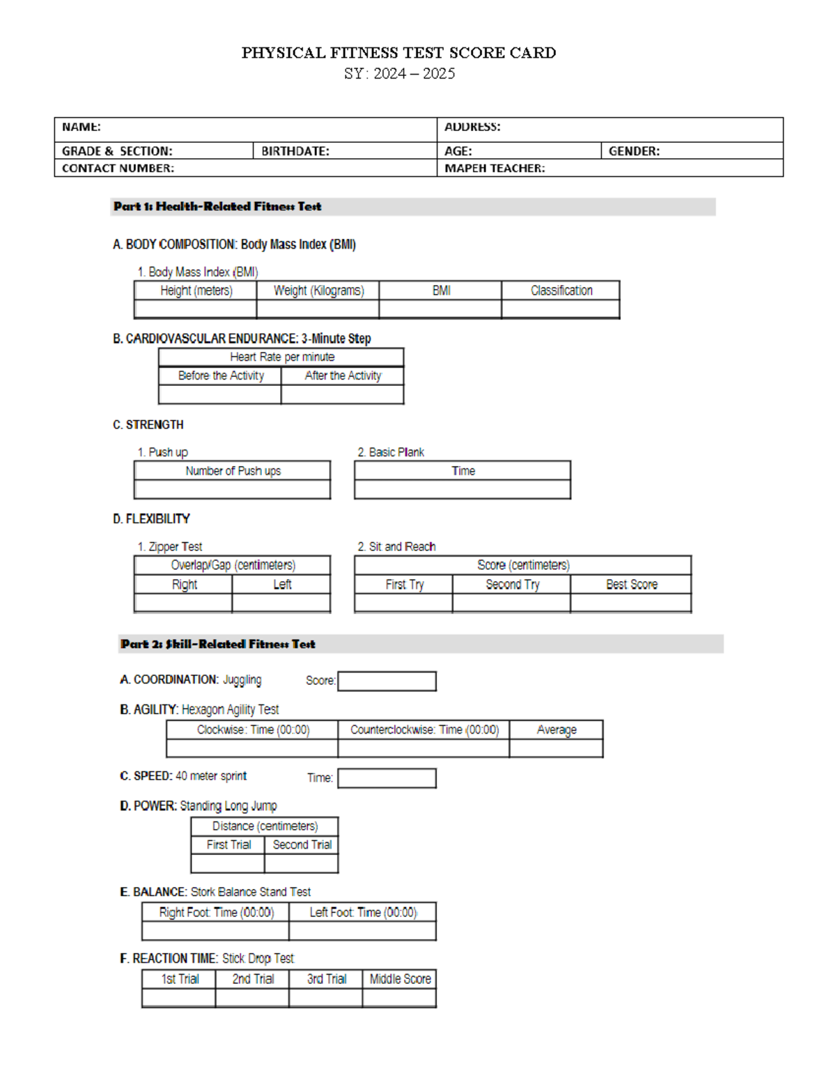 PFT-Score-Card-2024-2025 2 - PHYSICAL FITNESS TEST SCORE CARD SY: NAME ...