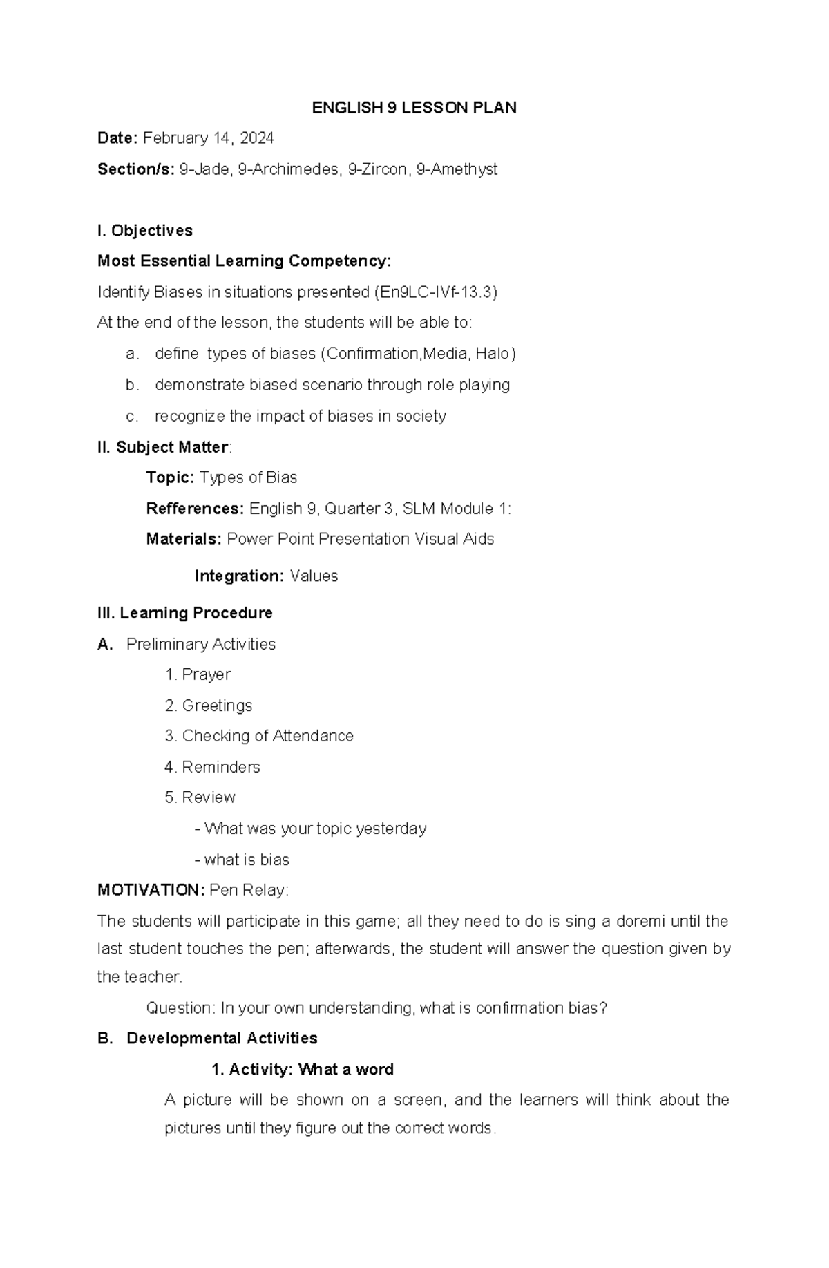 Lesson Plan Feb 14 - ENGLISH 9 LESSON PLAN Date: February 14, 2024 ...