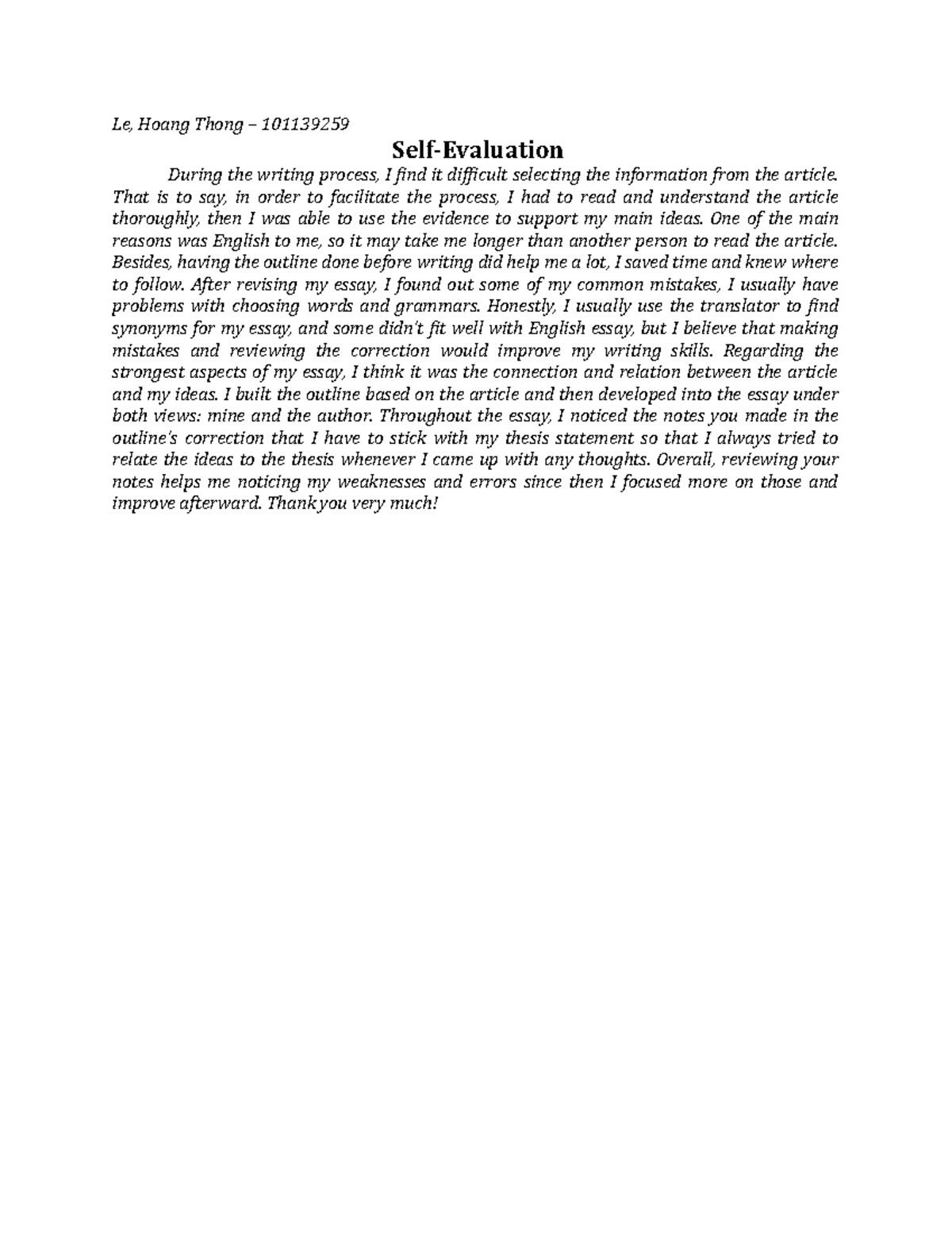 Self Evalutation - The self-evaluation at the end of the course to ...