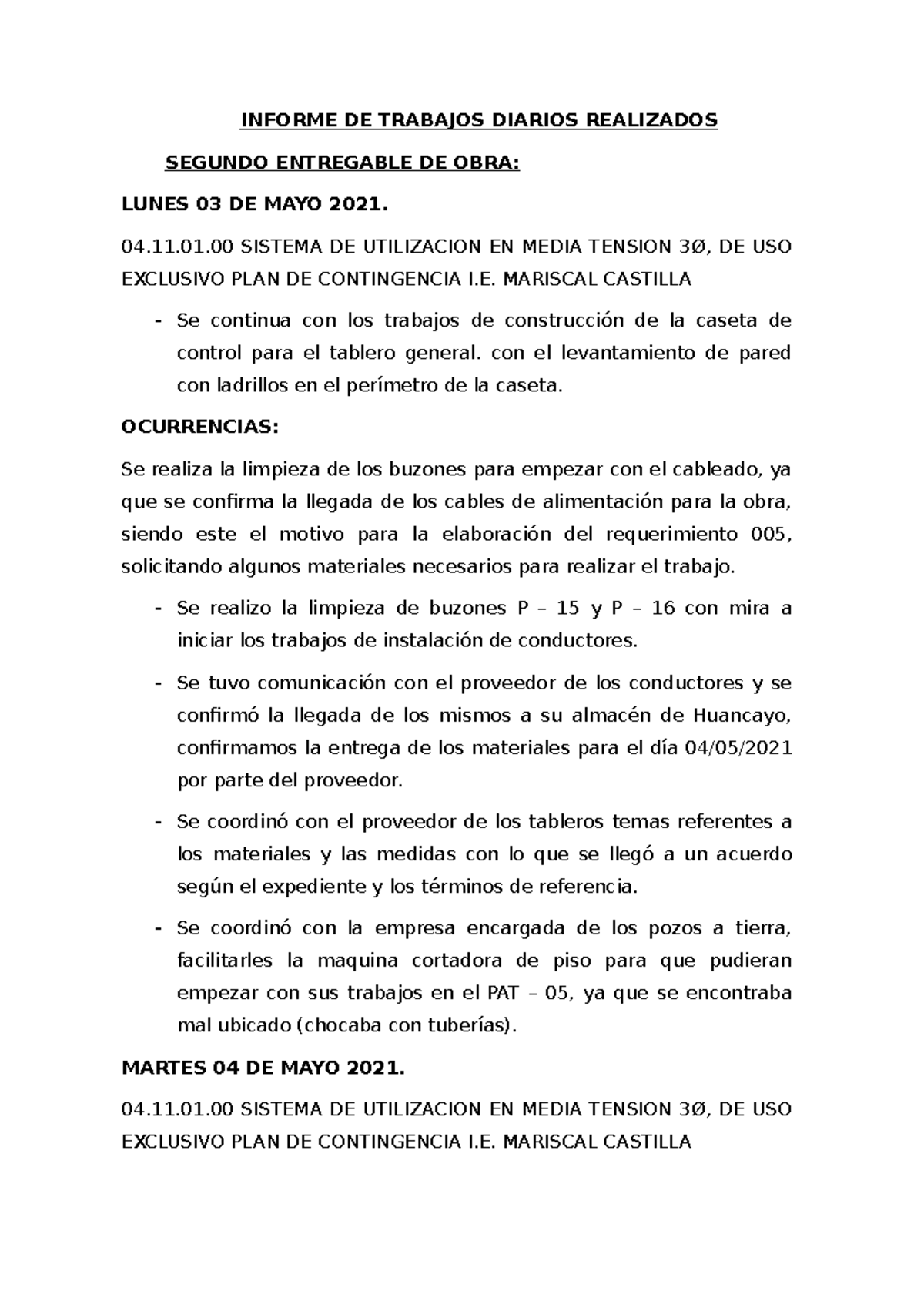 Informe DE Trabajos Diarios MAYO 2021 - INFORME DE TRABAJOS DIARIOS ...