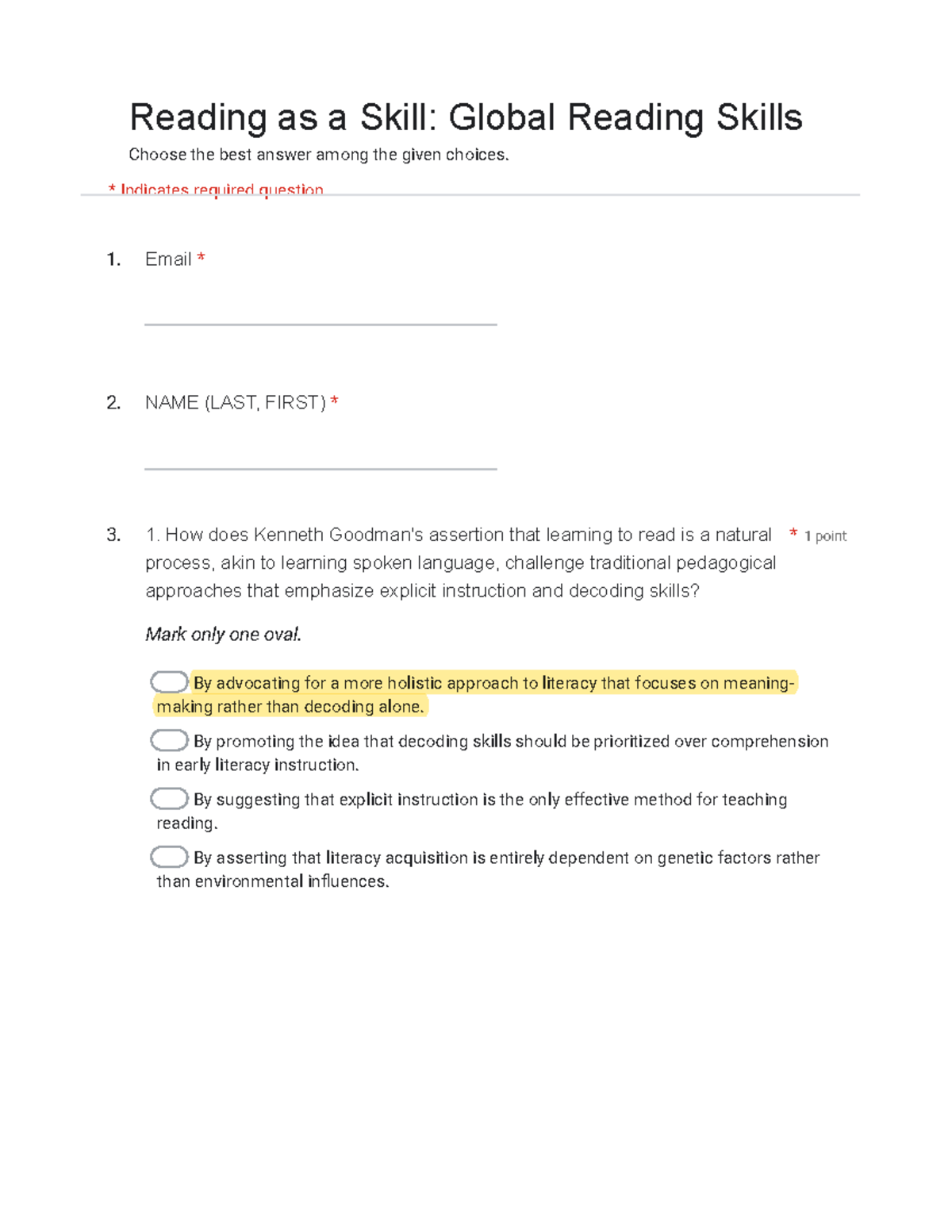 Reading as a Skill Global Reading Skills - Google Forms - 1. Email * 2 ...