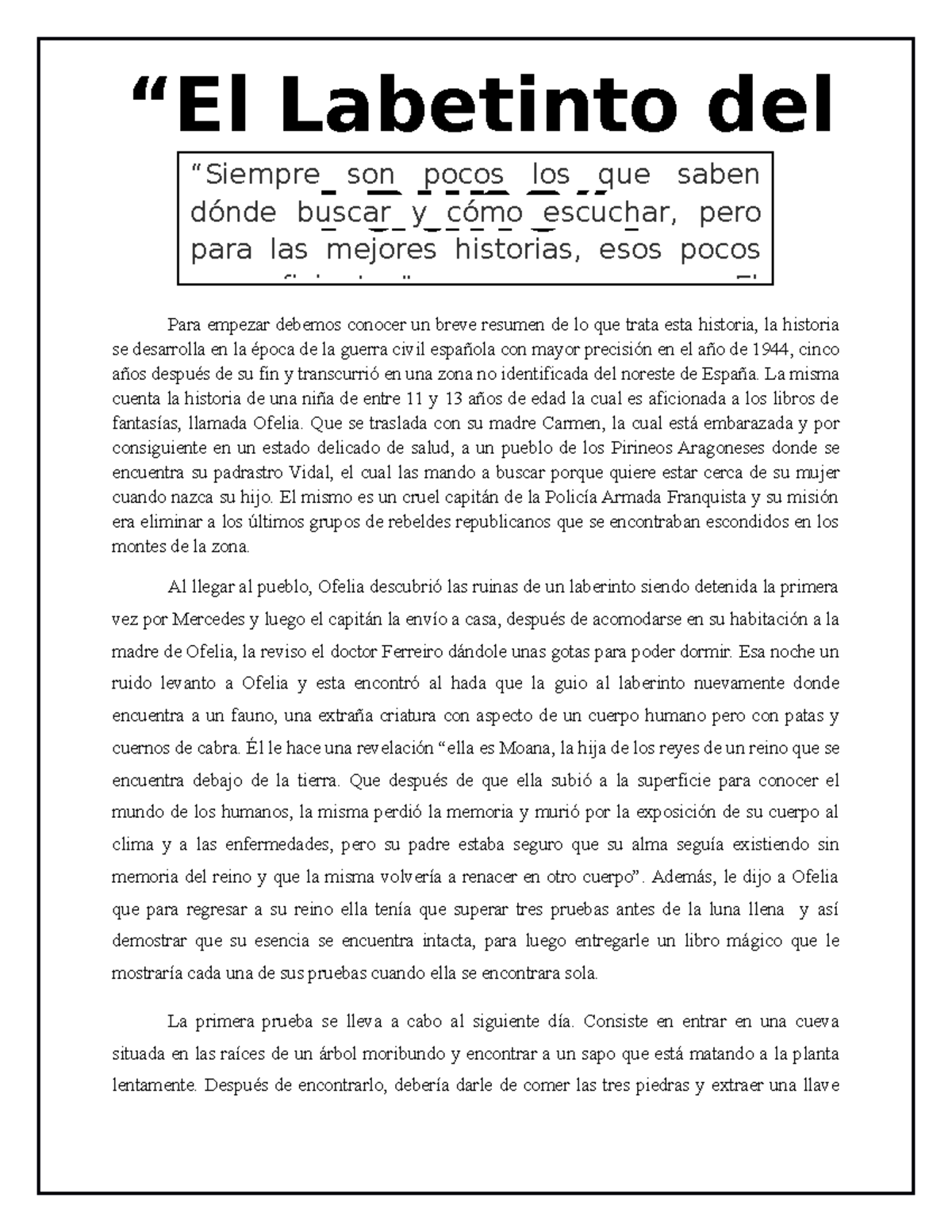 El laberinto del Fauno - Para empezar debemos conocer un breve resumen ...