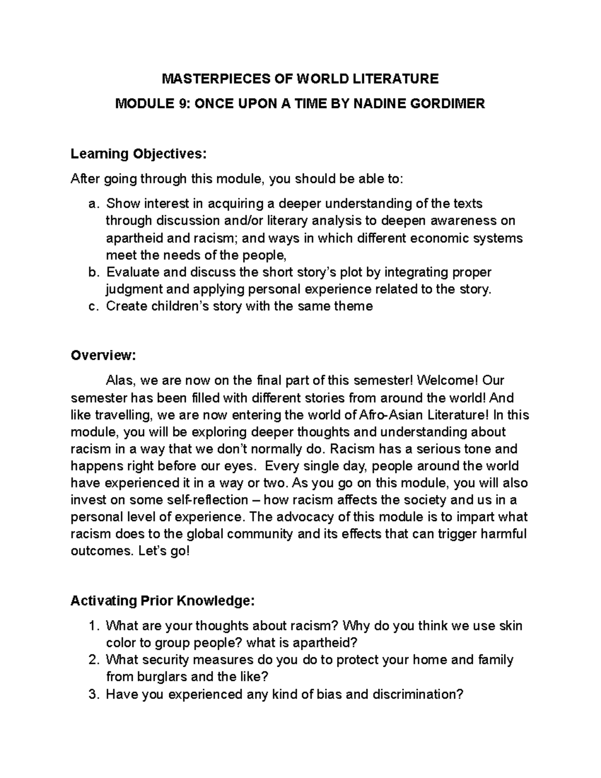 Masterpieces OF World Literature - Module 9 - MASTERPIECES OF WORLD ...