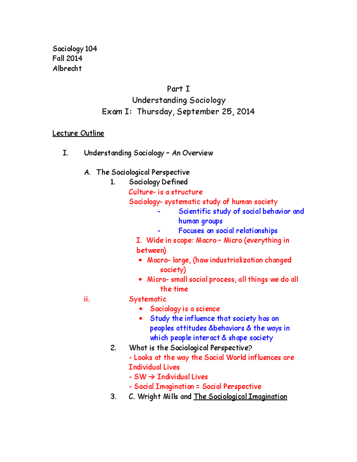 Soc104 EXAM 1 Review - Sociology 104 Fall 2014 Albrecht Part I ...