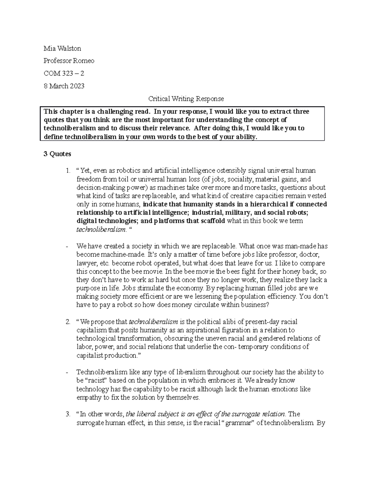 Critical Writing #6 - Assignment reflection on readings - Mia Walston ...