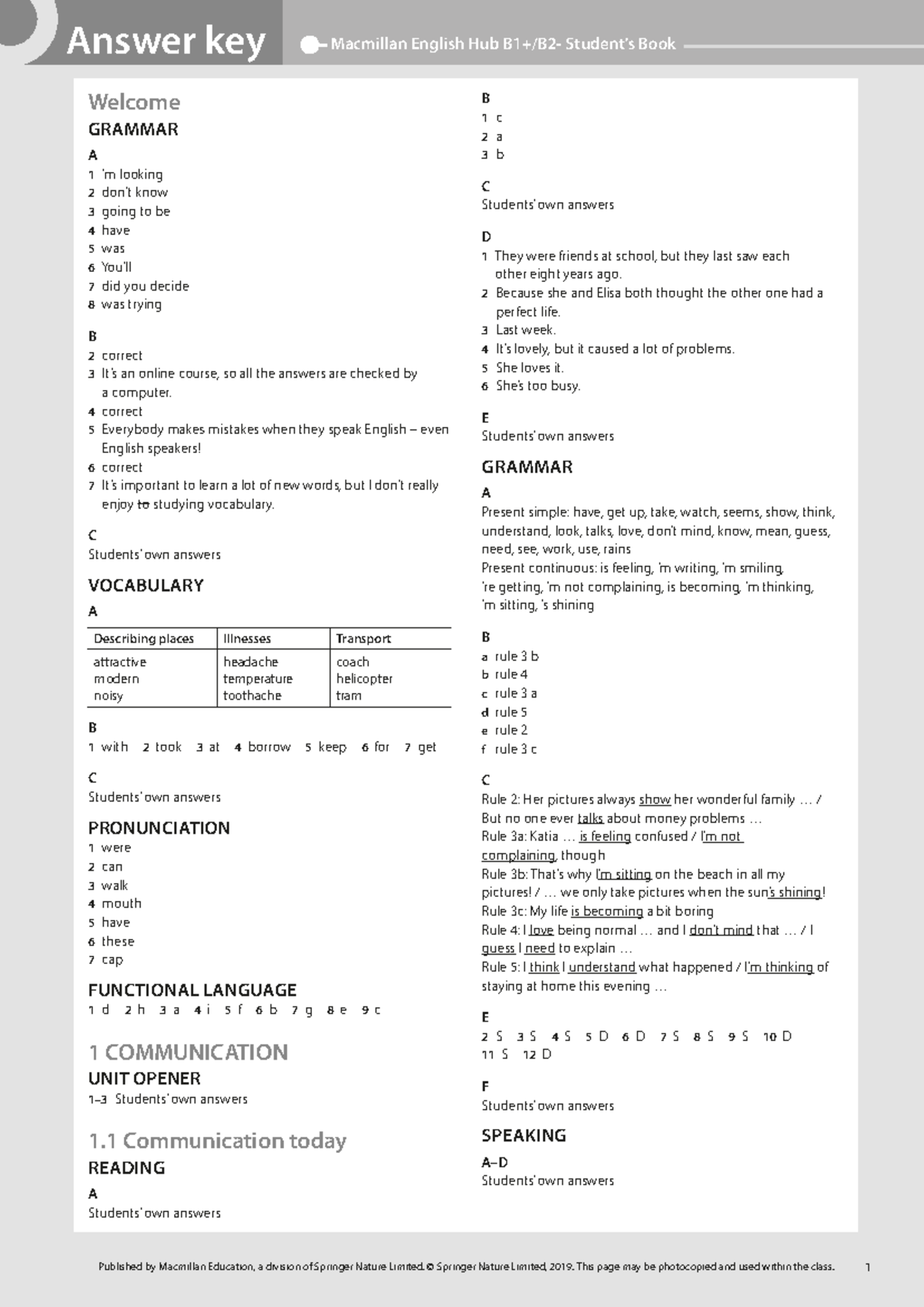 Meh b1plusb 2minus students book answer key-5 - Welcome GRAMMAR A 1 ’m ...