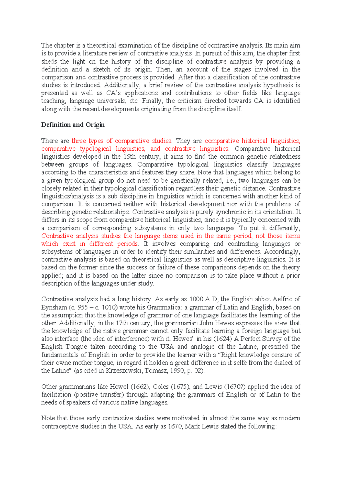 Contrastive analysis - notes - The chapter is a theoretical examination ...