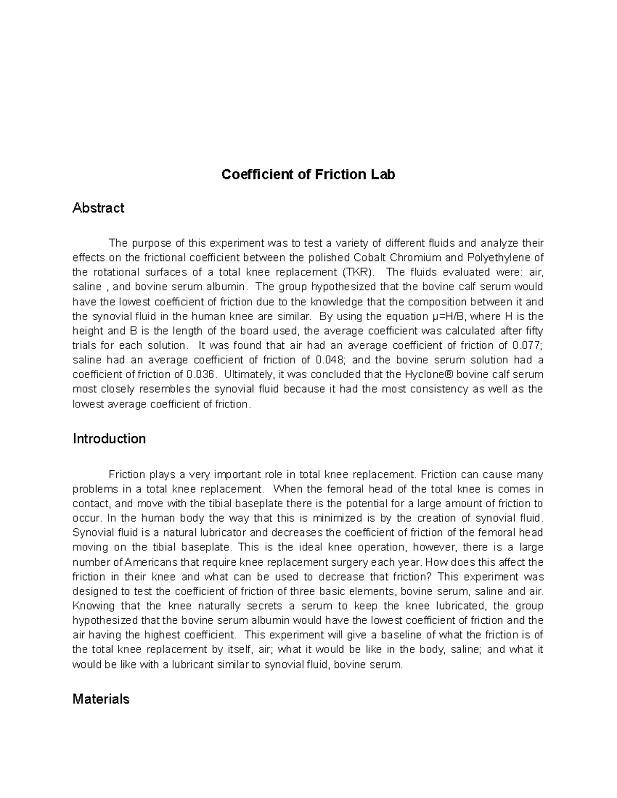 Friction Lab - Coefficient of Friction Lab Abstract The purpose of this ...