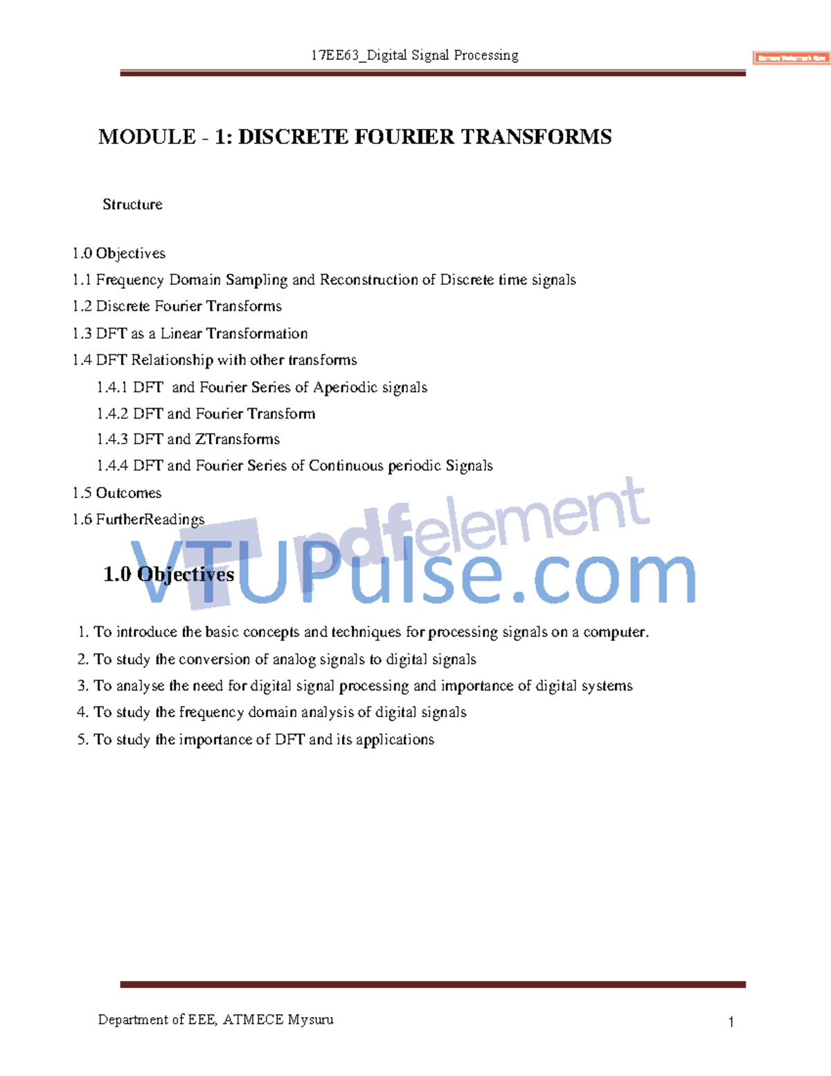 18ee63 Dsp Module 1 Good Notes Vtupulse Module 1 Discrete Fourier Transforms Structure 1