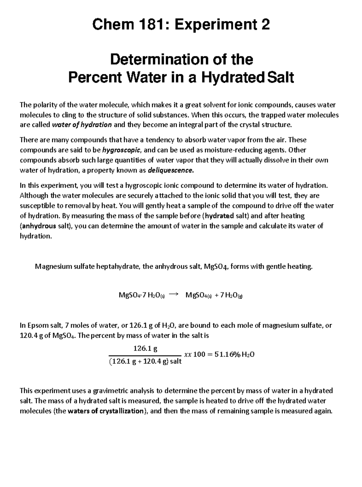 Chem 181 #2 Determination of the Percent Water in a hydrated Sa - Chem ...