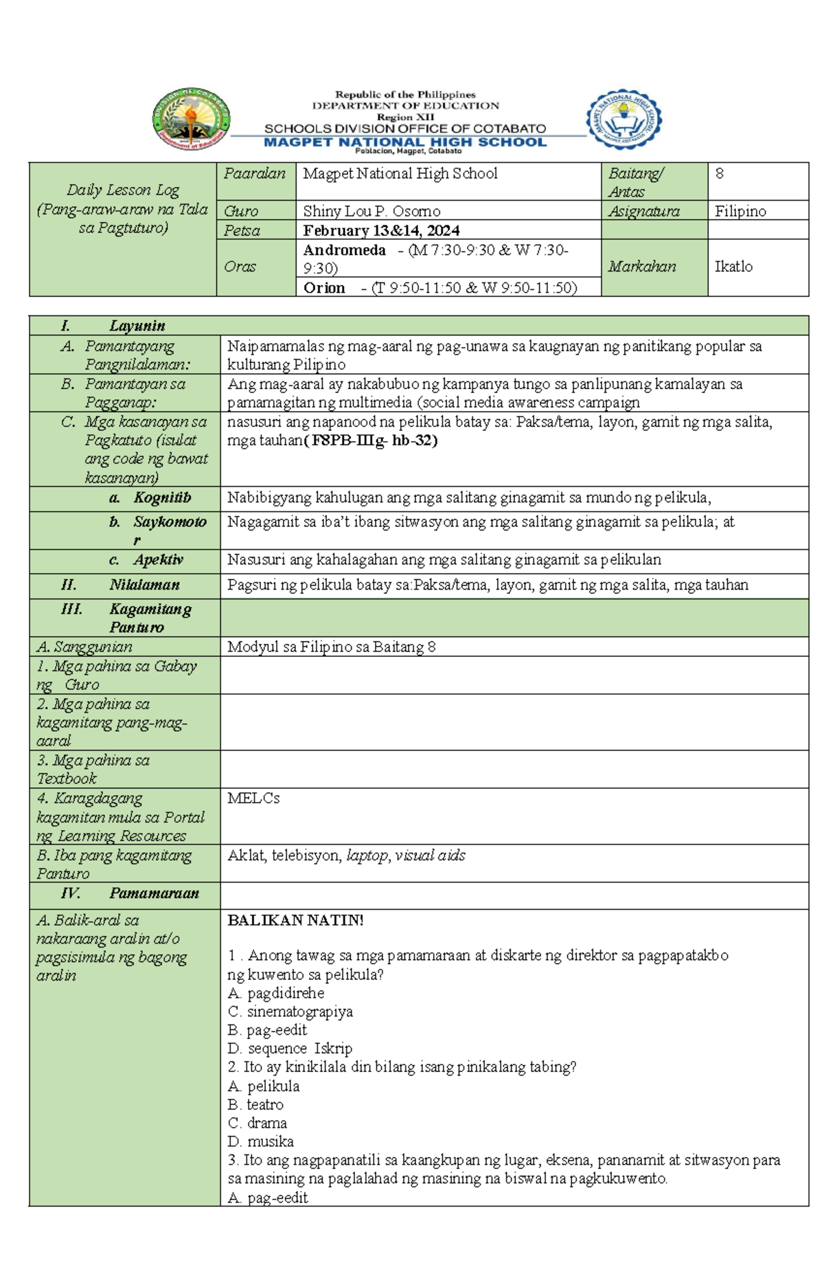 4DLL-8 march 12 - Daily Lesson Log (Pang-araw-araw na Tala sa Pagtuturo ...