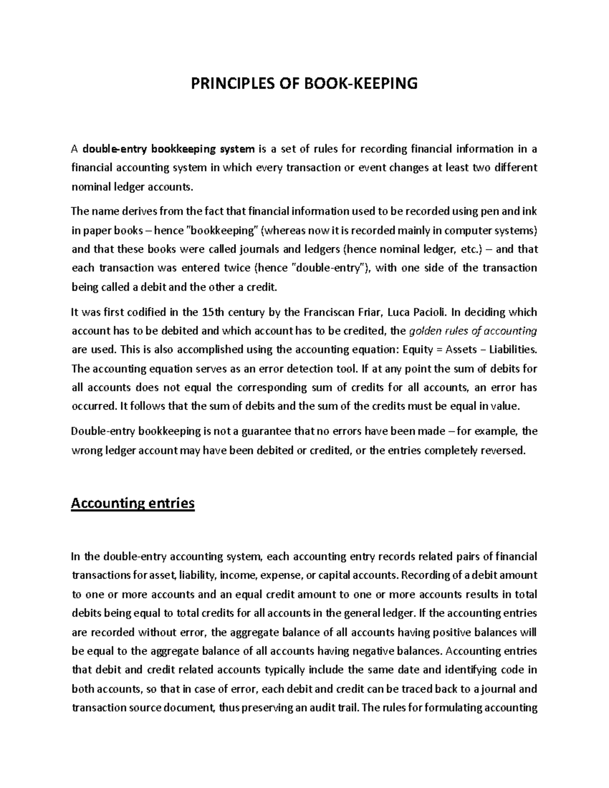 Principles of Bookkeeping- part 1 - PRINCIPLES OF BOOK-KEEPING A double ...