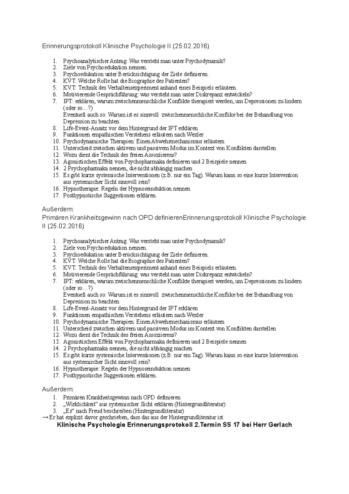 Erinnerungsprotokoll Klinische 1 bei Gerlach SS17 - Erinnerungsprotokoll Klinische Psychologie ...