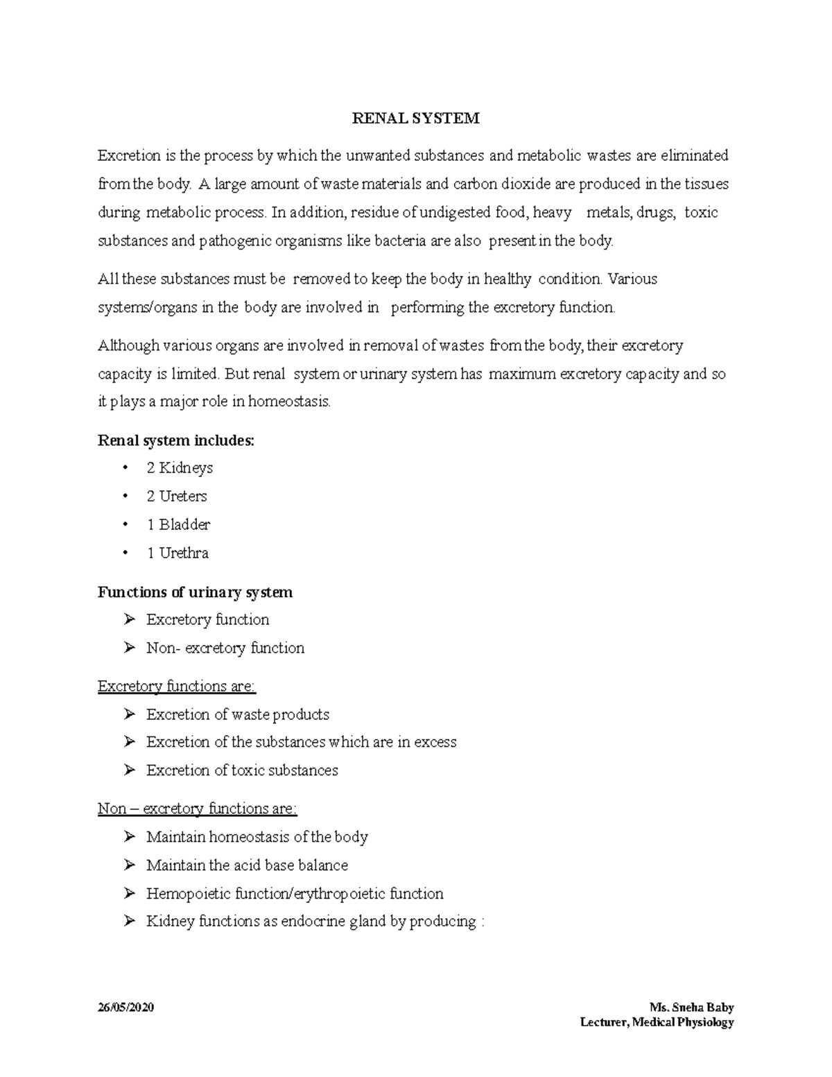 Physiology notes on Renal System - 26/05/2020 Ms. Sneha Baby RENAL ...