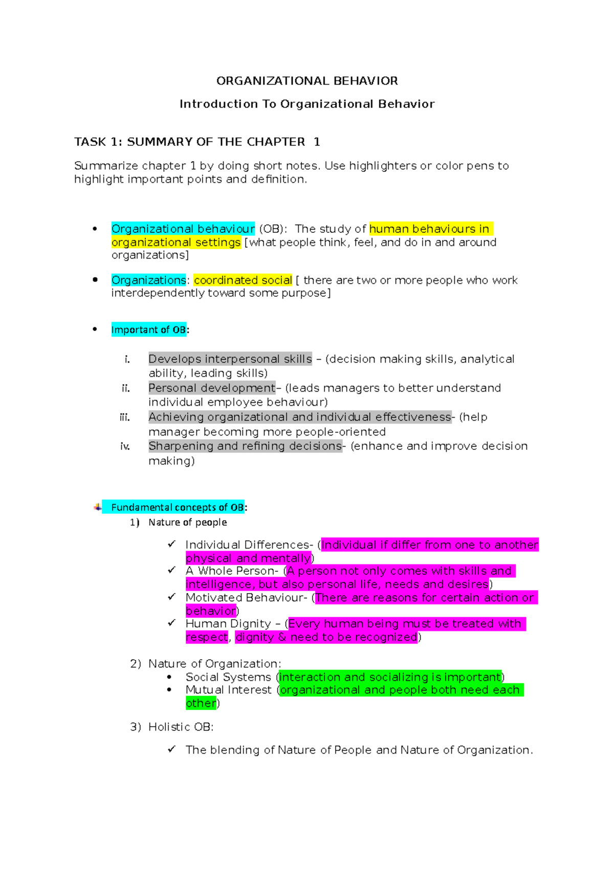Organizational Behavior Summary Chapter 1 - ORGANIZATIONAL BEHAVIOR ...