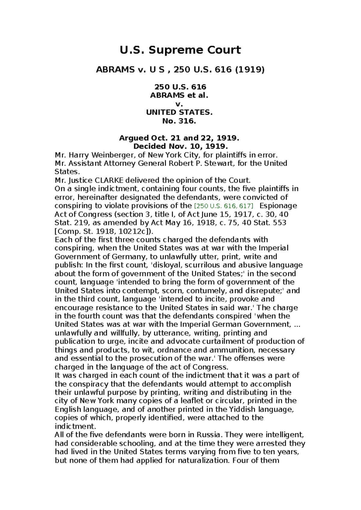 Abrams v. U.S - abram v us - U. Supreme Court ABRAMS v. U S , 250 U ...