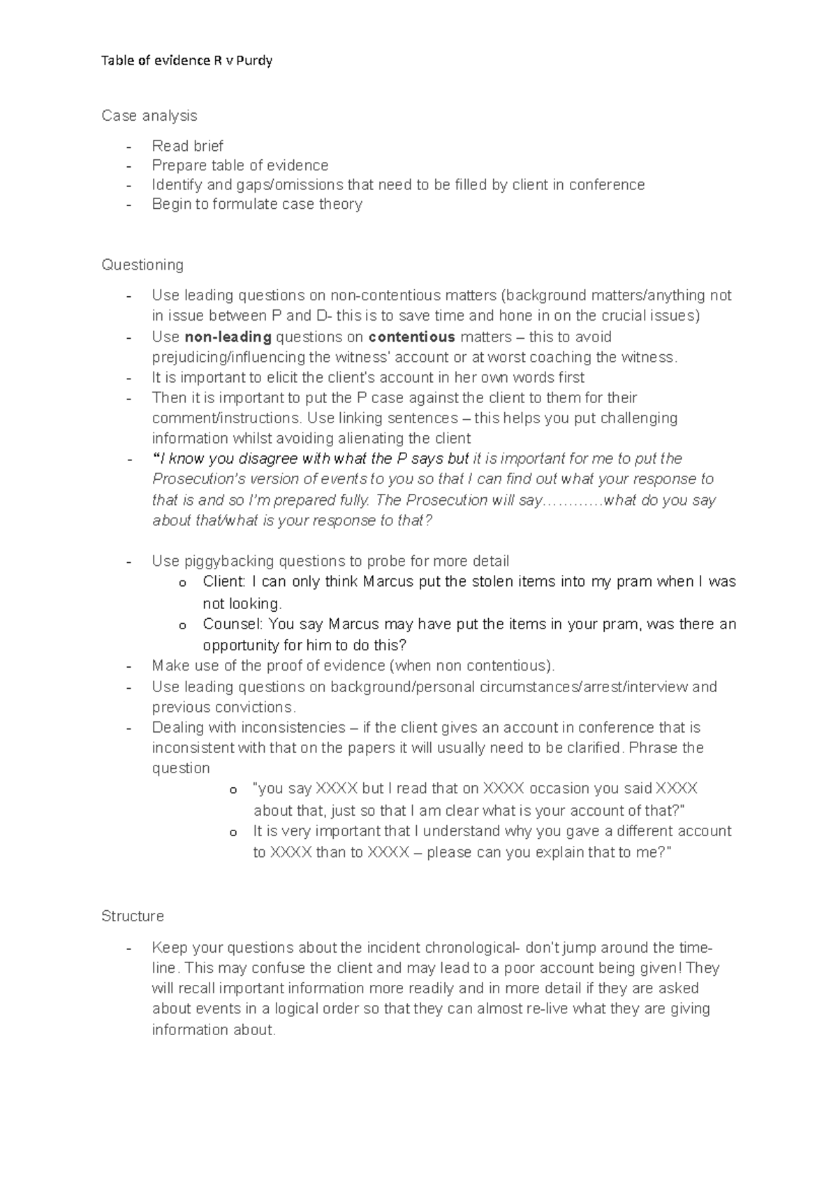 Table of evidence Purdy - Case analysis Read brief Prepare table of ...